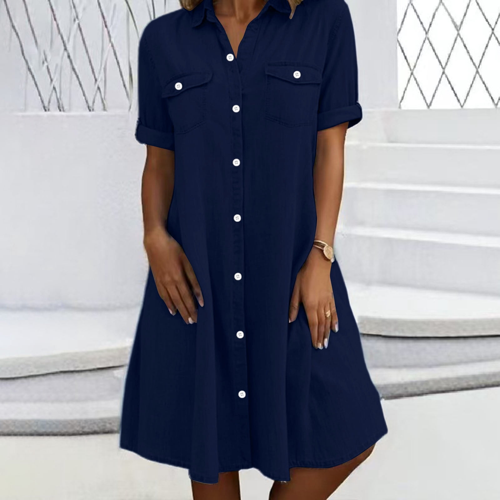 CheerKidz Women's Lapel Collar Short Sleeve Button Down Solid Color ...