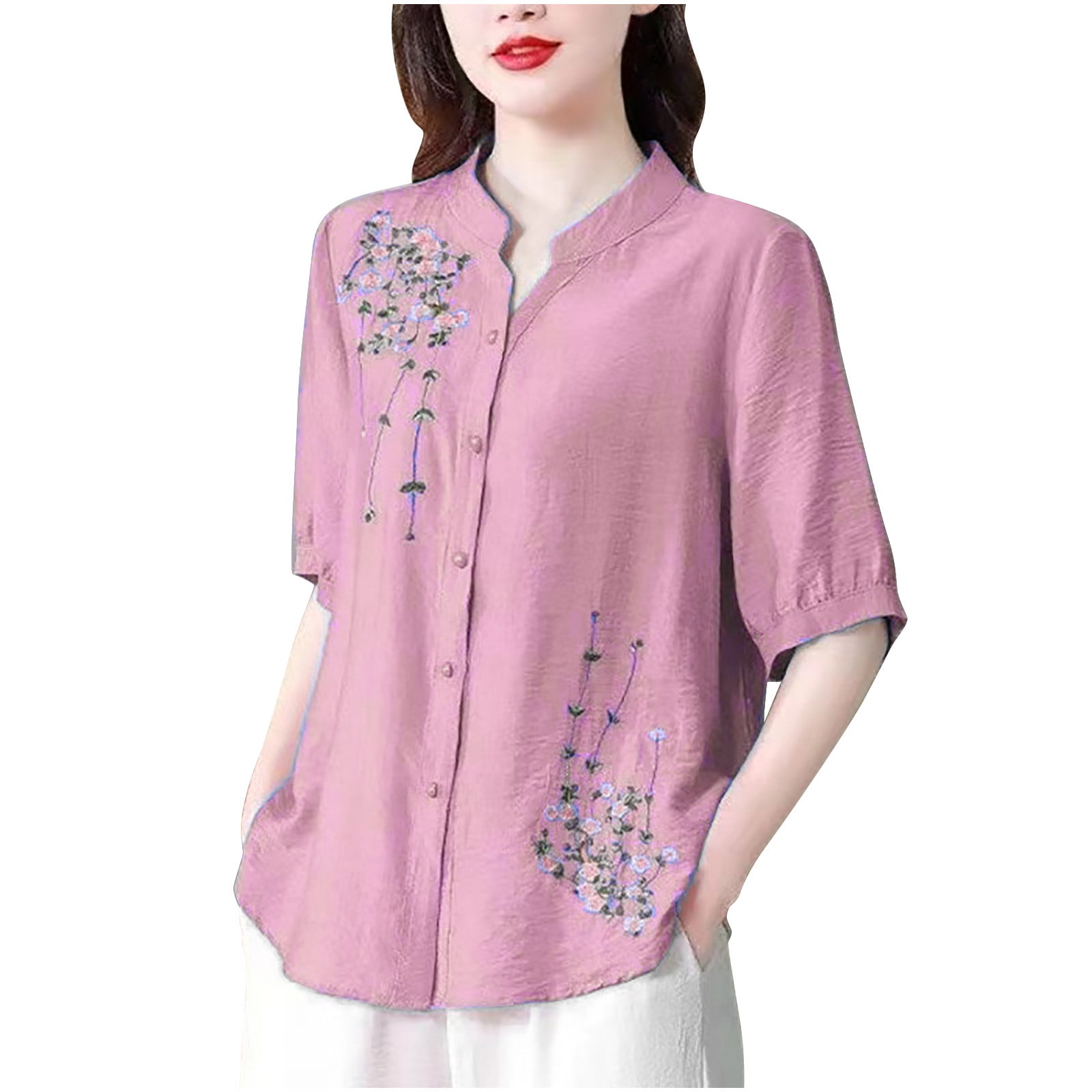 CheerKidz Women's Retro Embroidered Round Neck Short Sleeve Blouse Five ...
