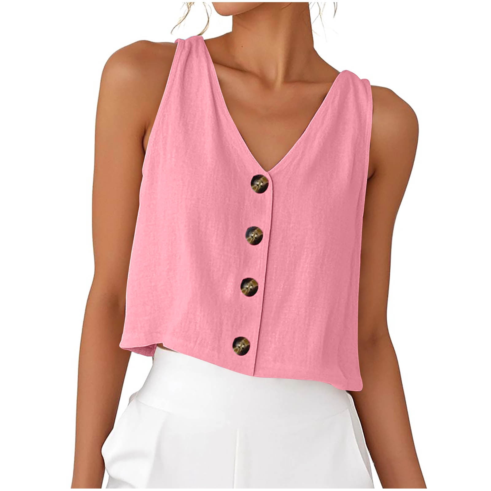 CheerKidz Women's Sleeveless V-Neck Blouse Solid Color Button Design ...