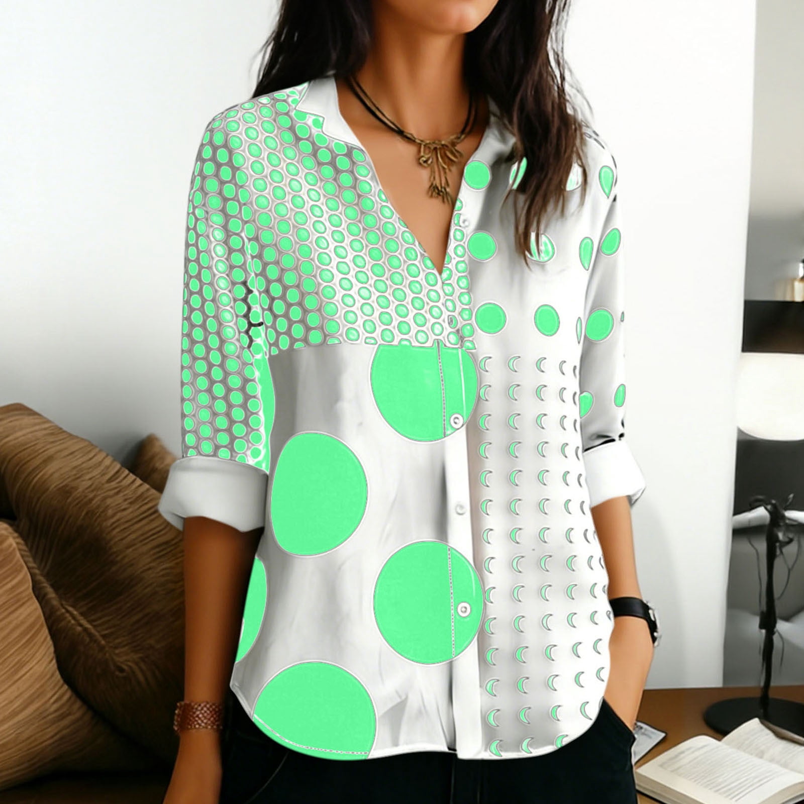 CheerKidz Women's Solid Color Collared Long Sleeve Button-Down Casual ...