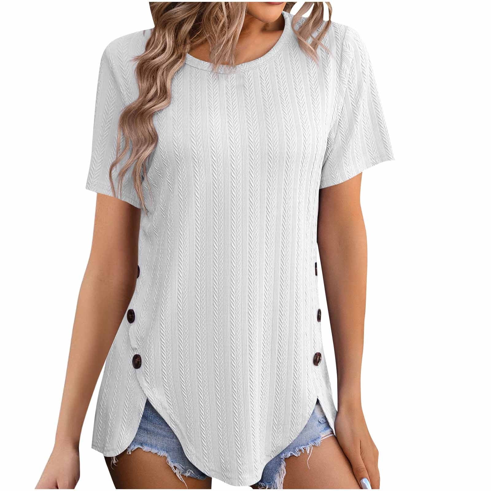 CheerKidz Women's Solid Color Round Neck Button Detail Short Sleeve ...