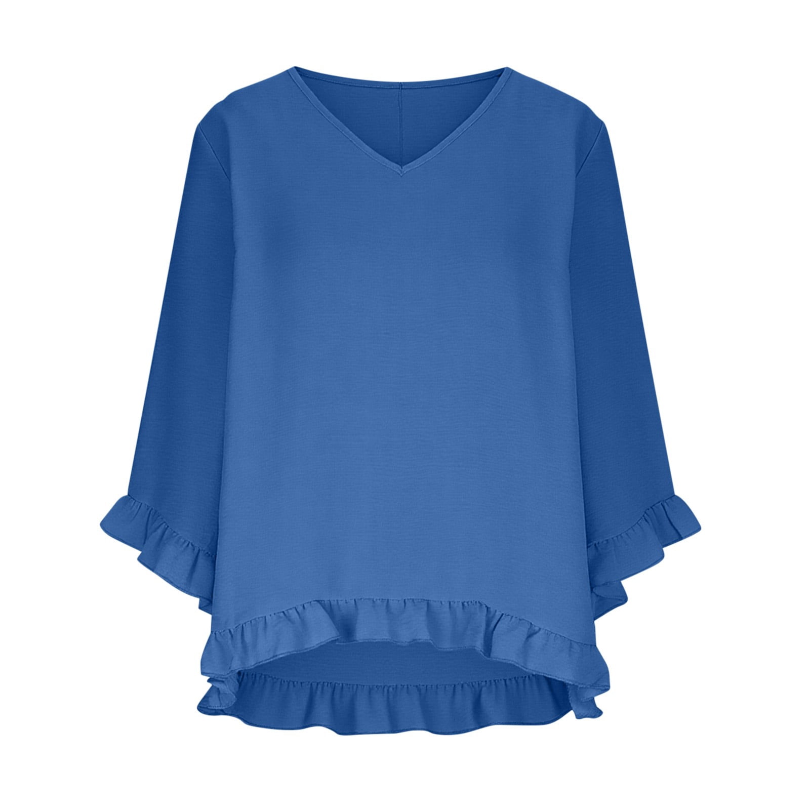 CheerKidz Women's Solid Color V-Neck 3/4 Sleeve Top with Ruffled Cuffs ...