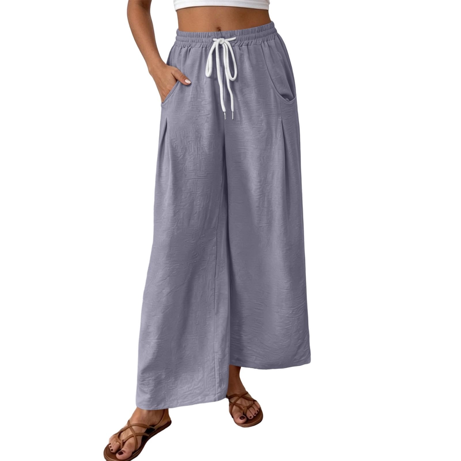 CheerKidz Women's Solid Color Wide Leg Pants Elastic Waist Drawstring ...