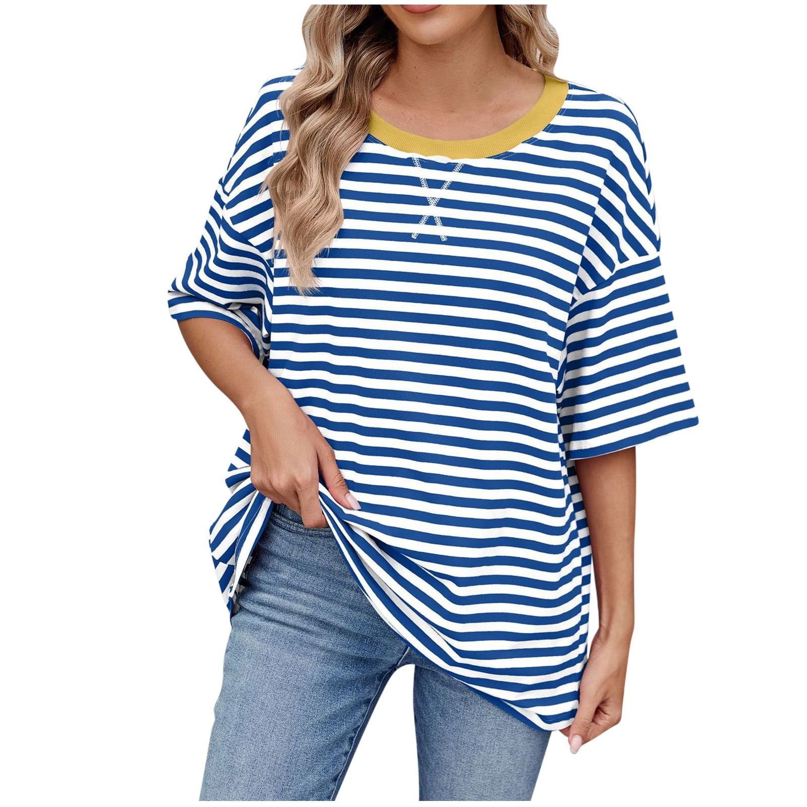 CheerKidz Women's Striped Casual T-Shirt Round Neck Short Sleeve ...