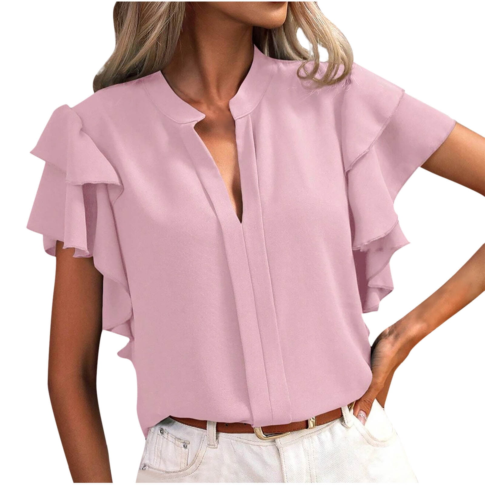 CheerKidz Women's V-Neck Double-Layer Ruffle Sleeve Tops Fashionable ...