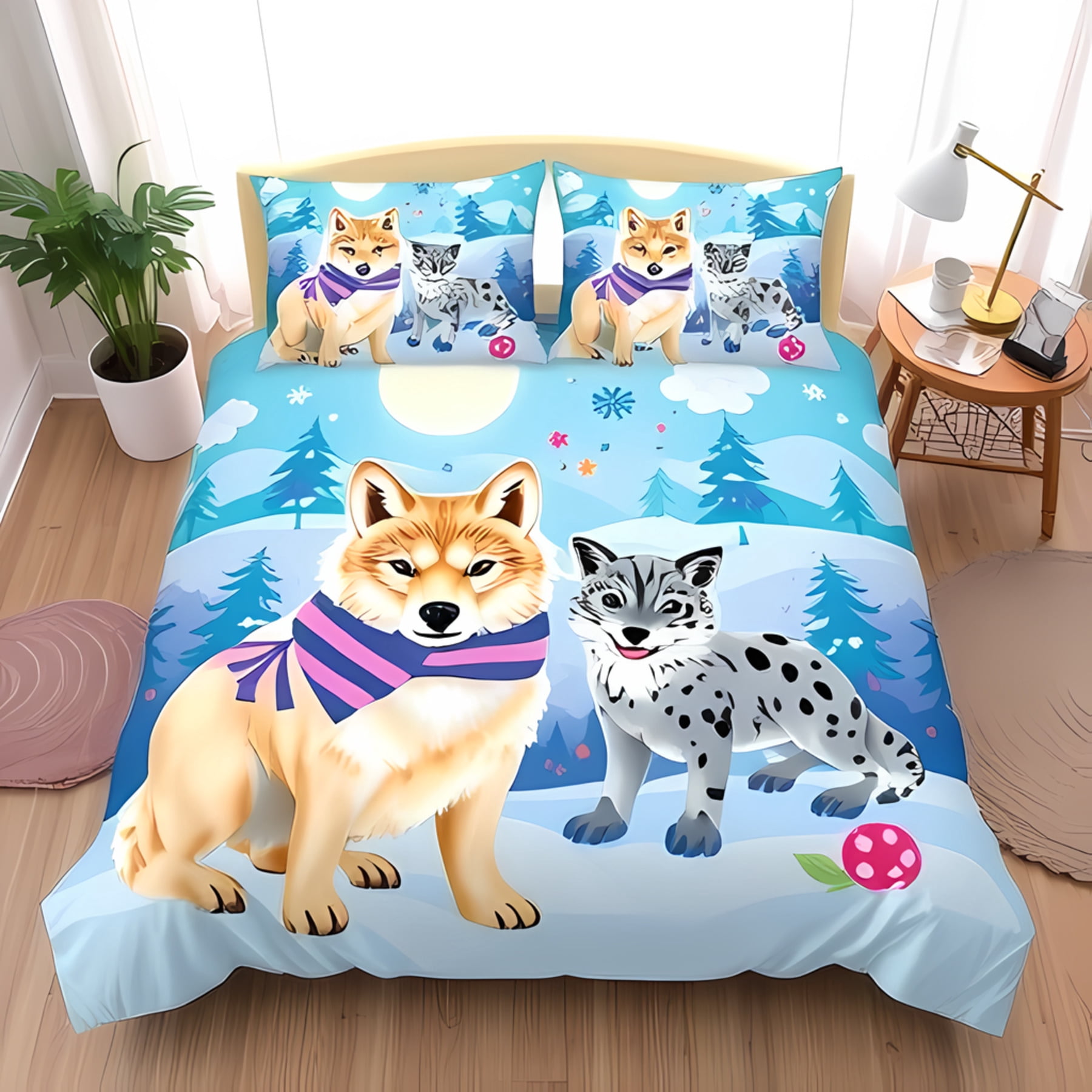 Cheerful 3-Piece Duvet Cover Set with Cartoon Wolves in Winter Scene ...