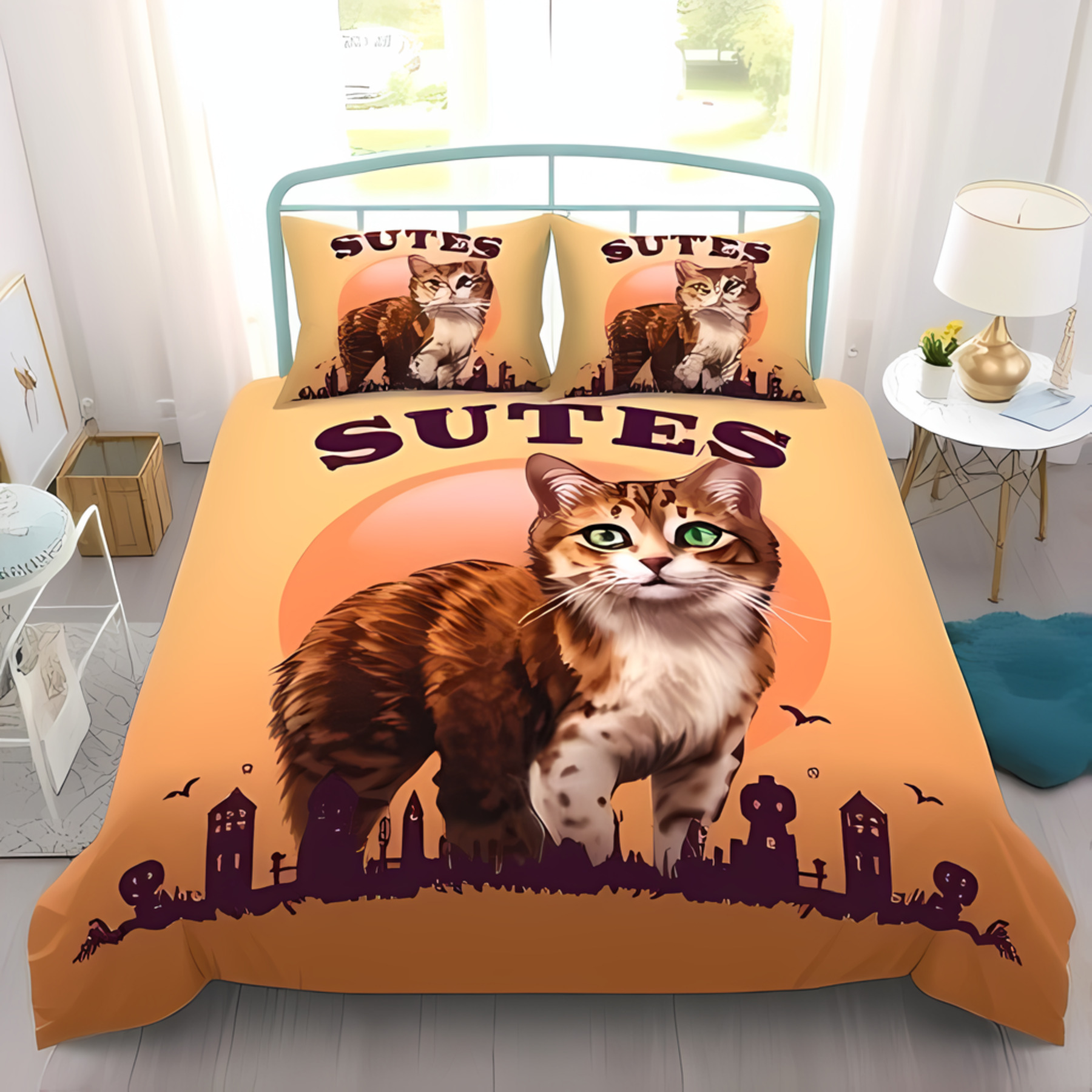 Cheerful 3-Piece Duvet Cover Set with Ginger Cat Design & Whimsical ...