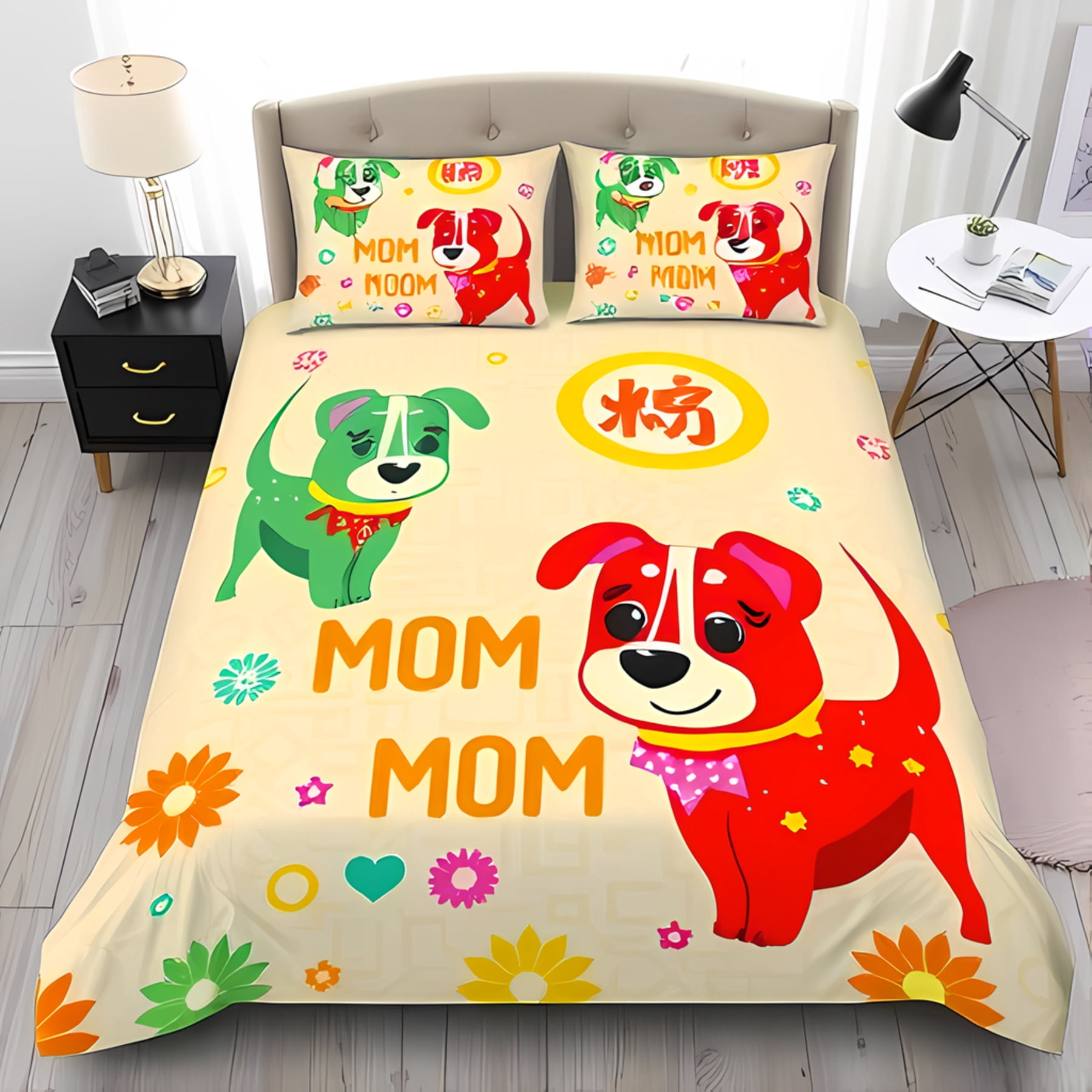 Cheerful 3-Piece Duvet Cover Set with Playful Cartoon Dogs Floral ...