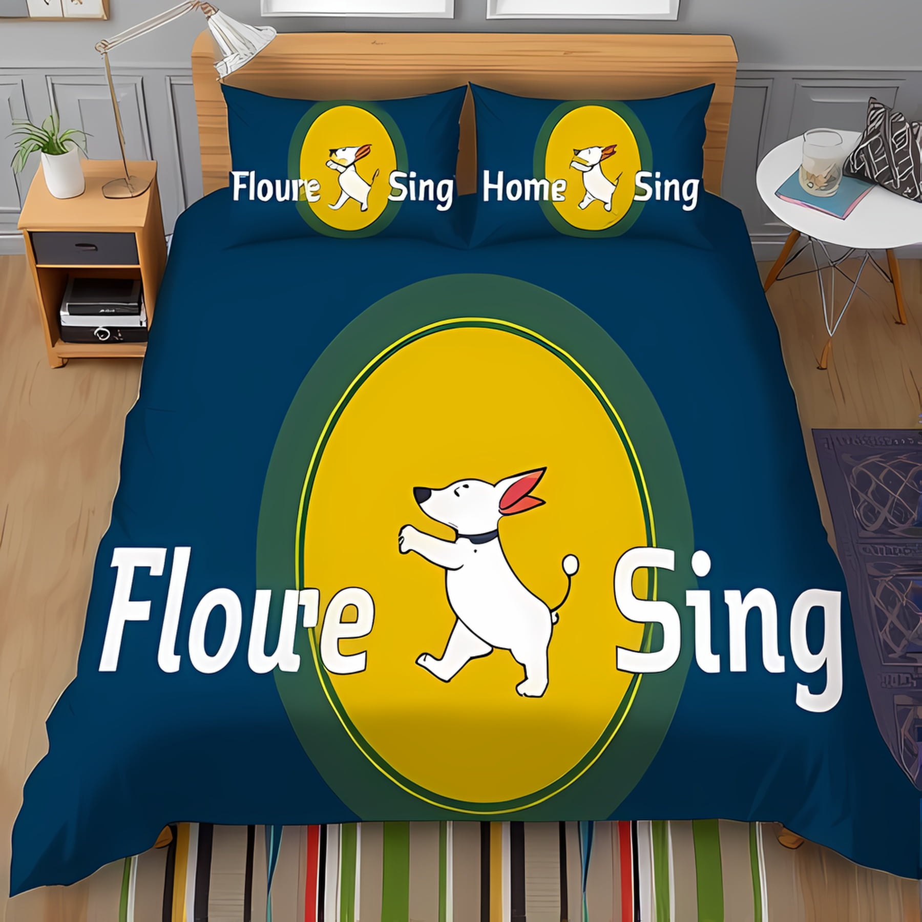 Cheerful 3-Piece Navy Blue Duvet Cover & Pillowcase Set with Playful White Dog Design - Floure ...