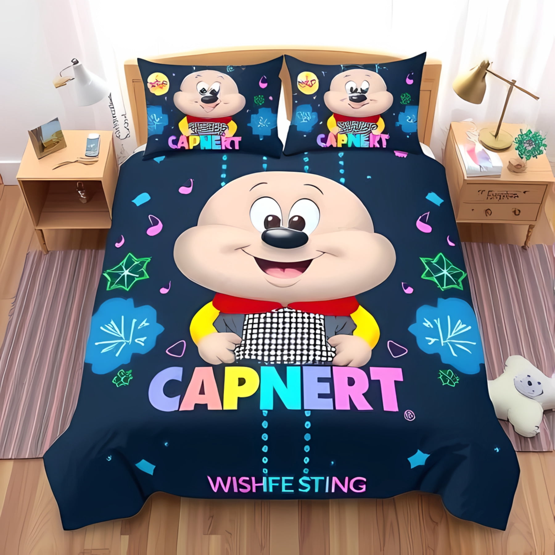 Cheerful 3-Piece Navy Blue Duvet Cover Set with CAPNERT Cartoon ...