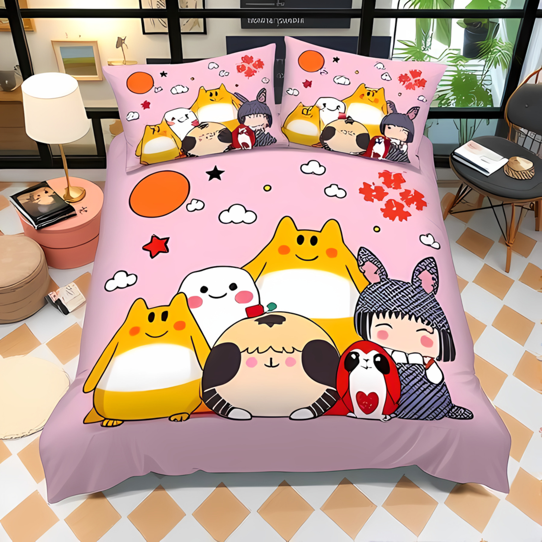 Cheerful 3-Piece Pink Duvet Cover Set with Cartoon Characters Bedding ...