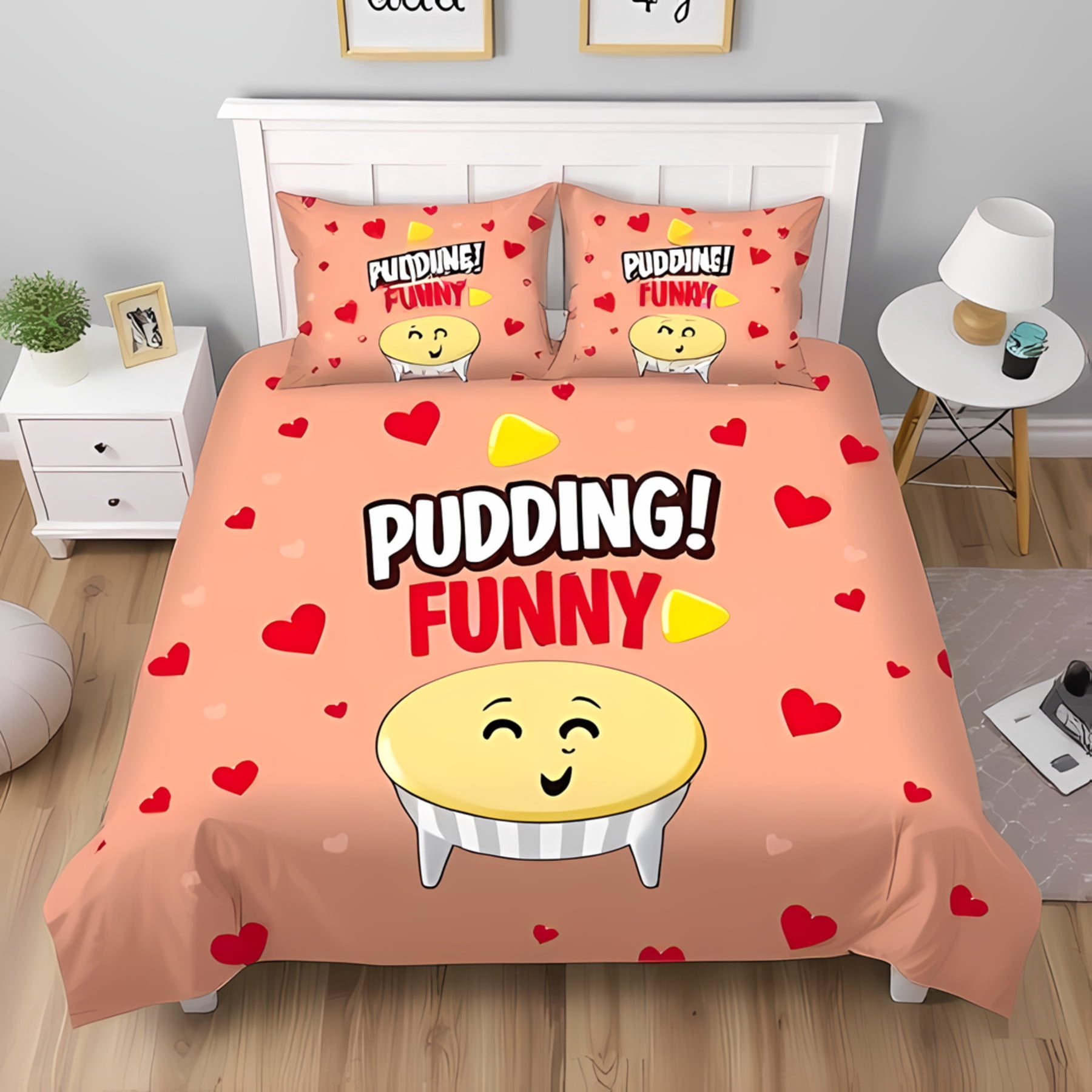 Cheerful 3-Piece Pudding Duvet Cover Set - Whimsical Peach & Heart ...