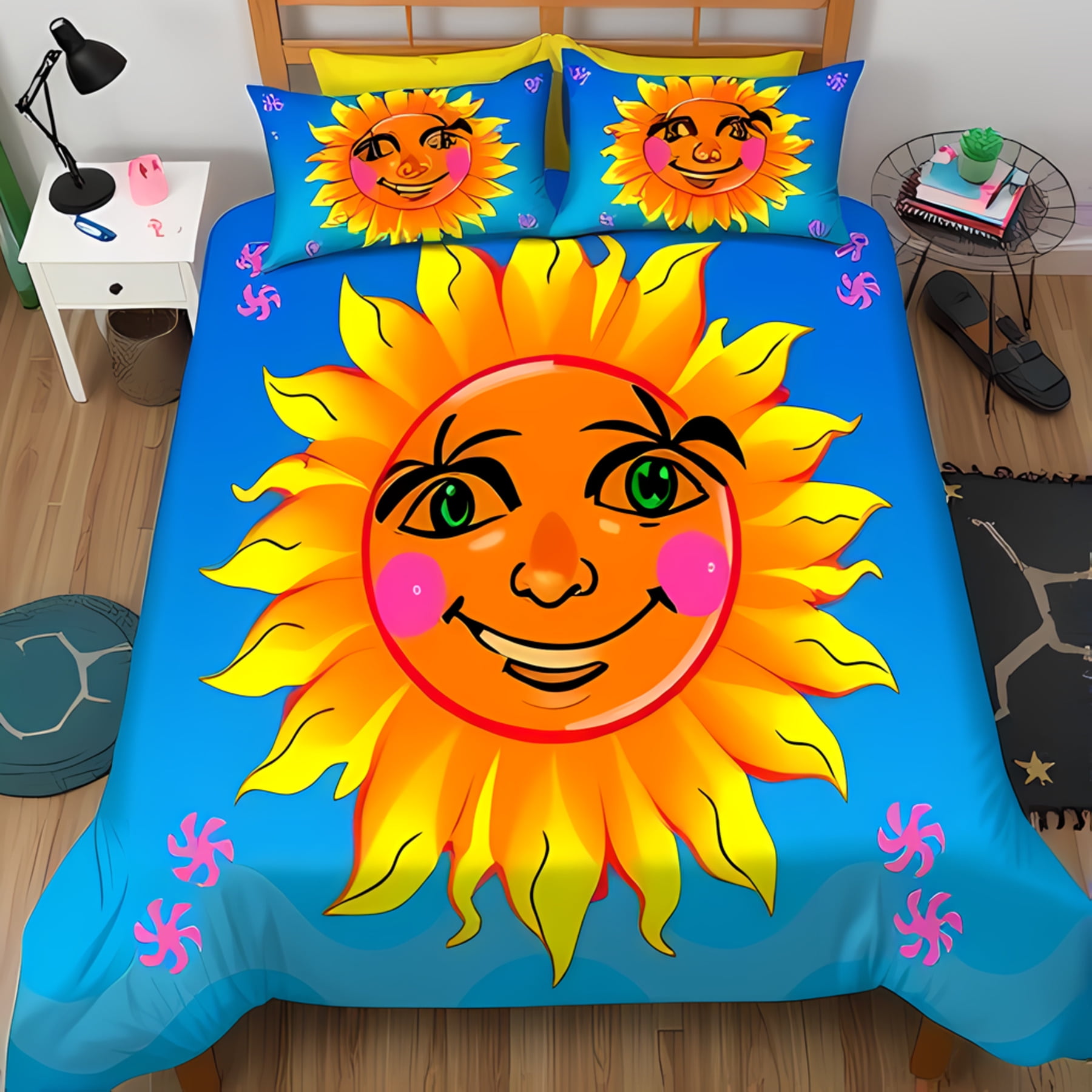 Cheerful 3-Piece Sun-Themed Duvet Cover Set with Smiling Sun Design ...