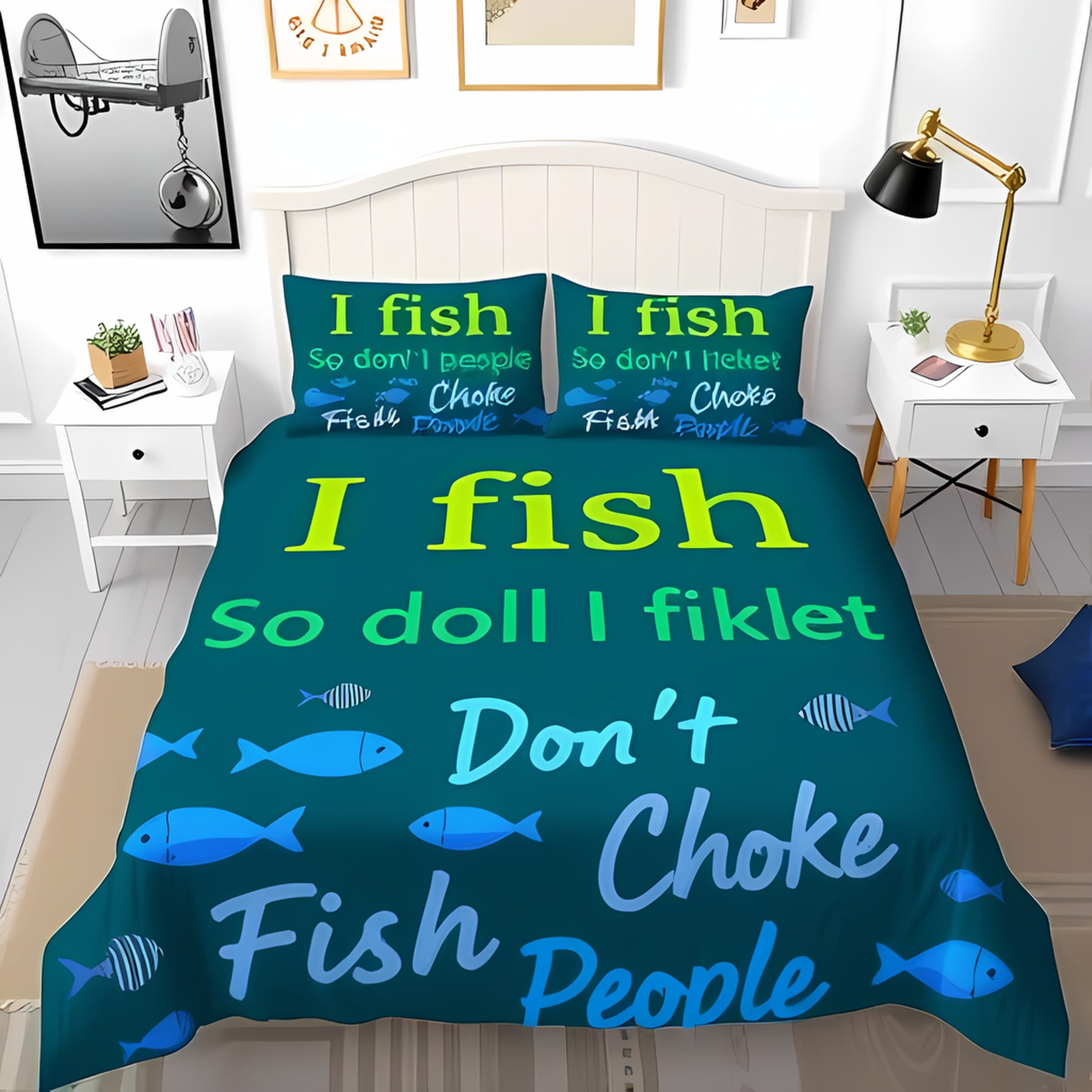 Cheerful 3-Piece Teal Duvet Cover & Pillowcase Set with Fun Fish Design ...