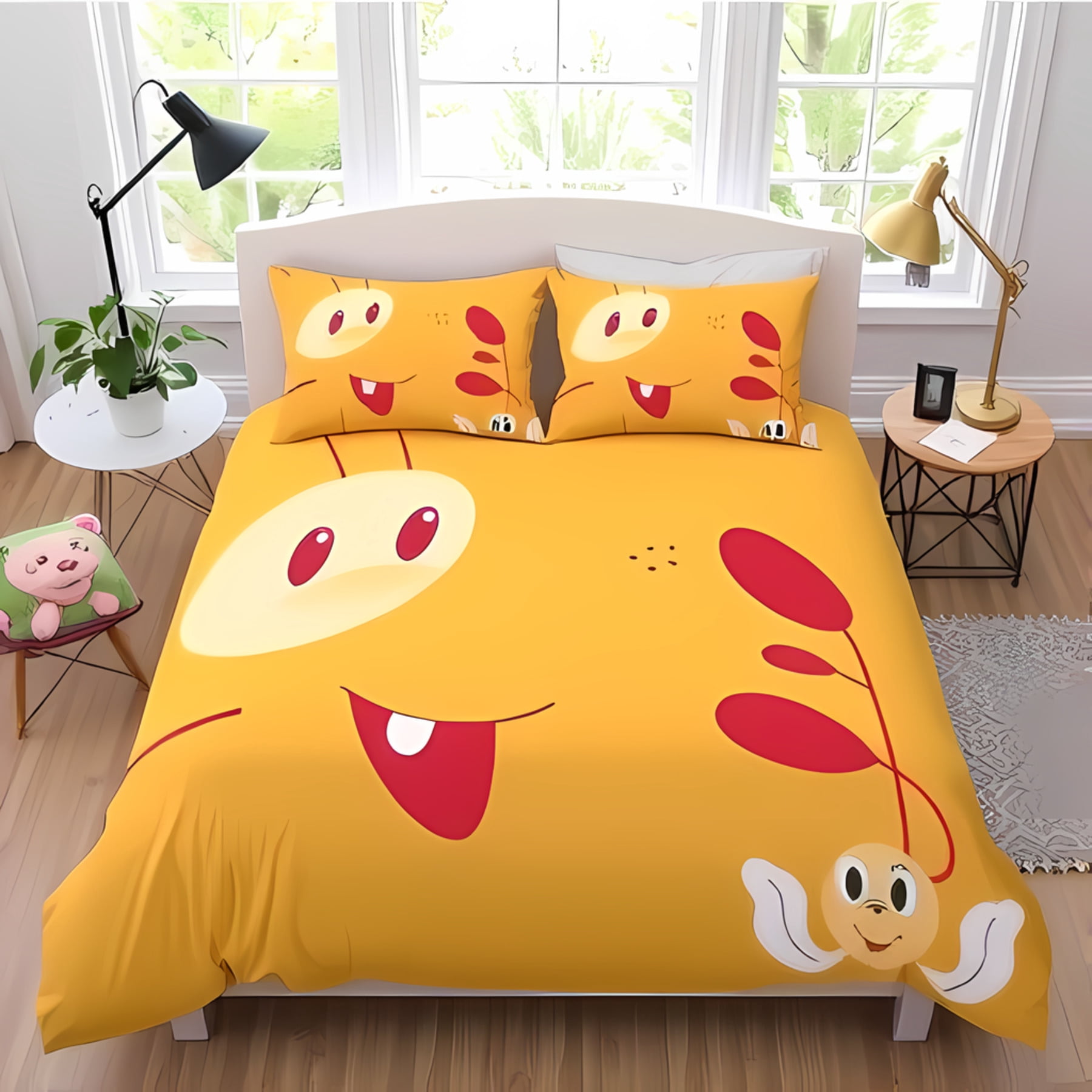 Cheerful 3-Piece Yellow Duvet Cover Set with Playful Cartoon Character ...