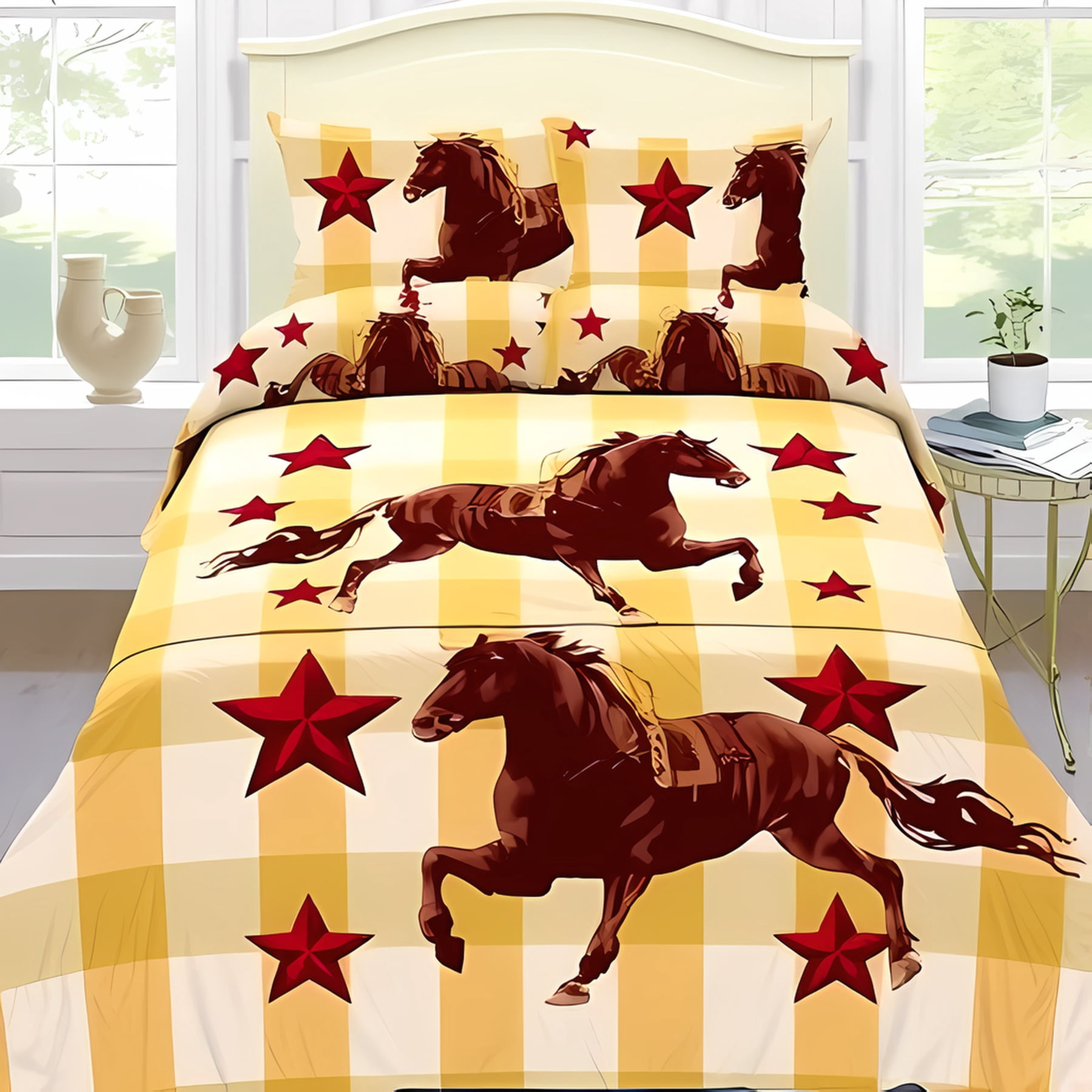 Cheerful 3-Piece Yellow & Red Bedding Set with Galloping Horses & Stars ...