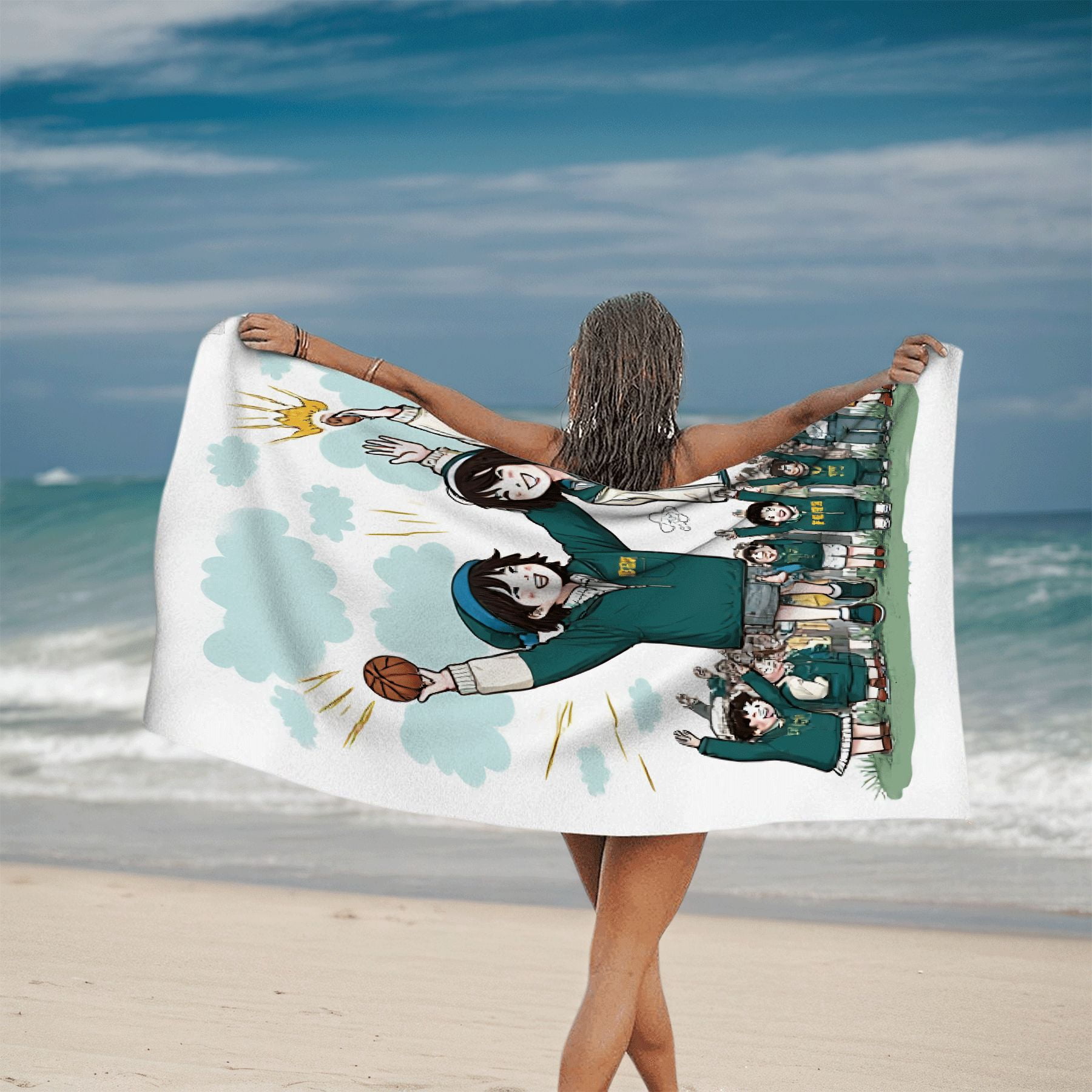 Cheerful Animated Characters Beach Towel - Fun Green Hoodie & Striped ...