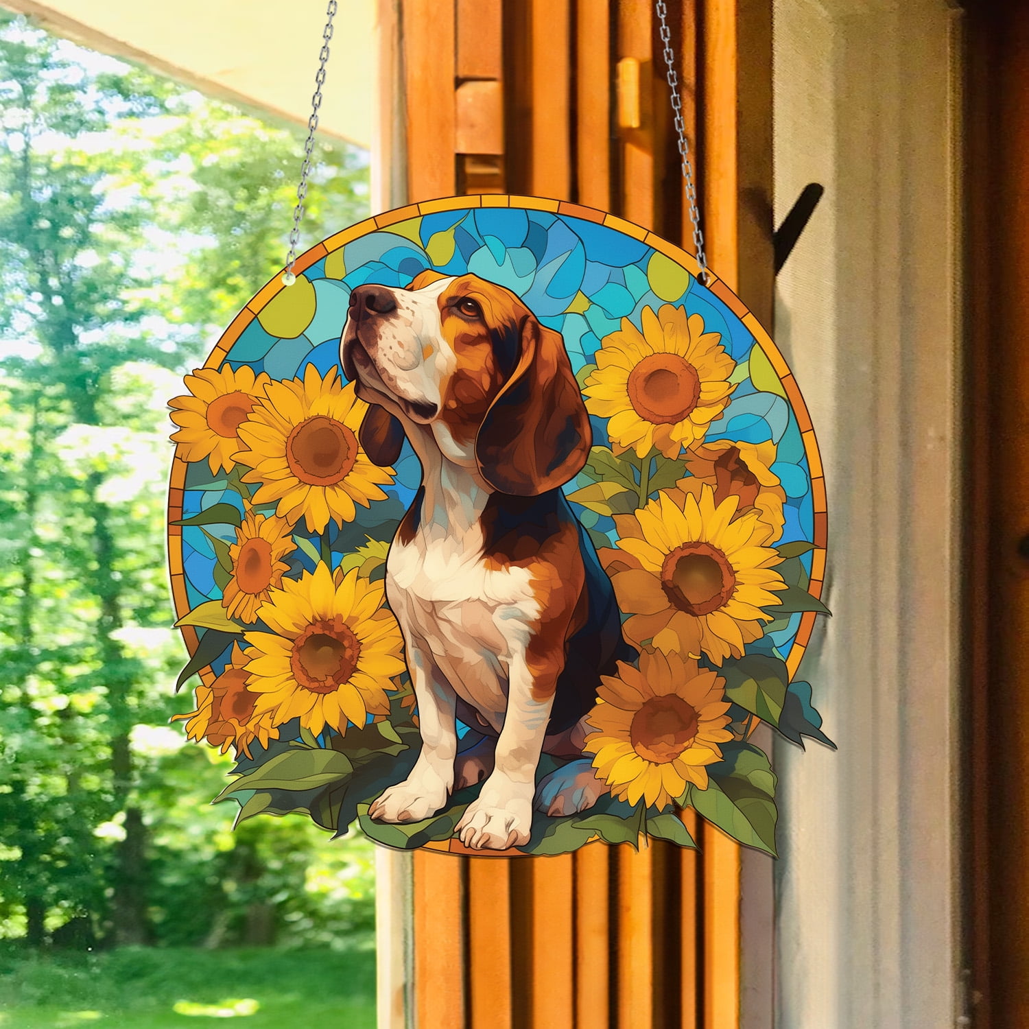 Cheerful Beagle and Sunflowers Acrylic Suncatcher - Vibrant Stained ...