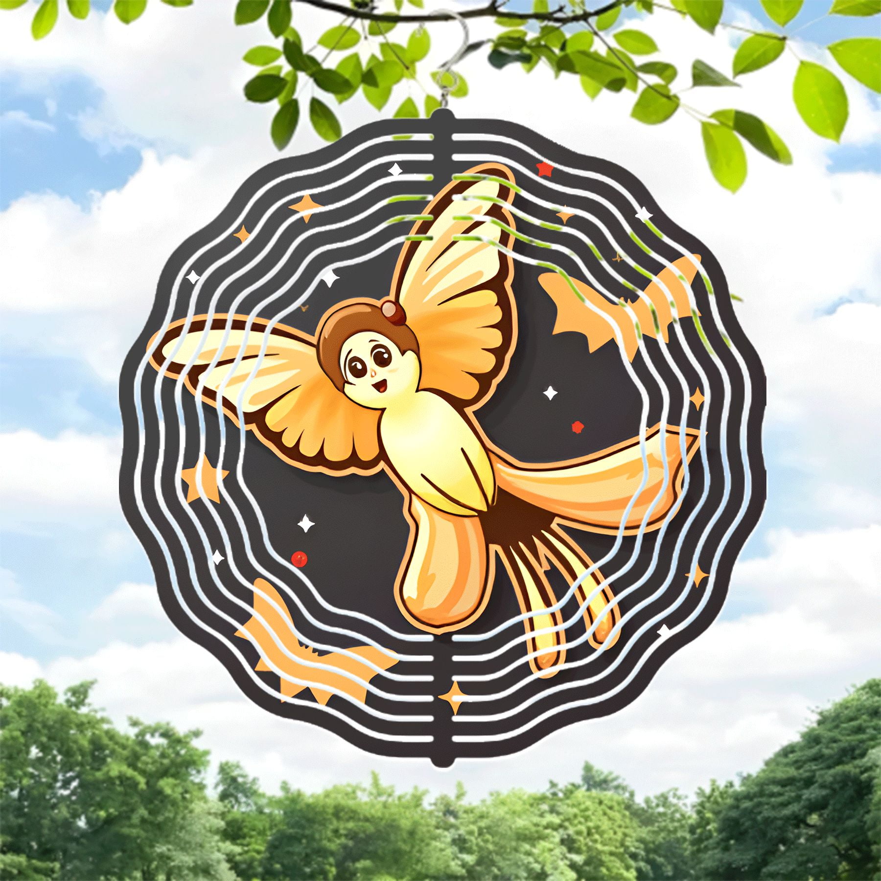 Cheerful Bird Metal Hanging Wind Spinner & Chime - Whimsical Concentric ...