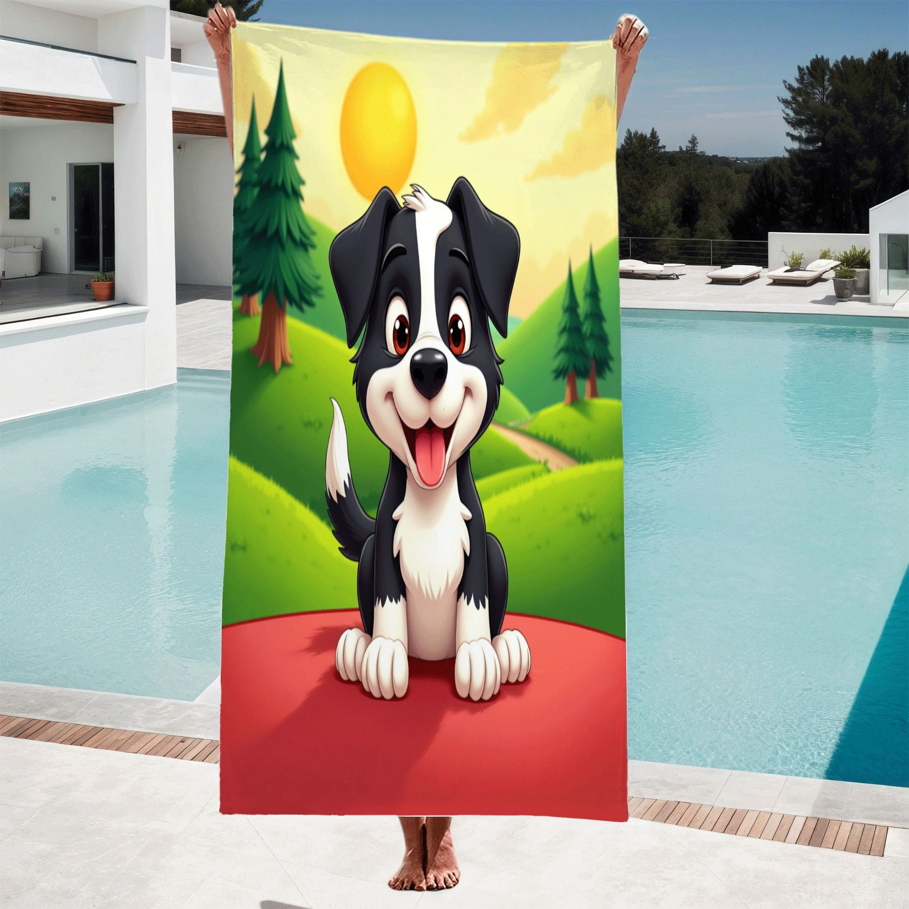 Cheerful Black & White Dog Beach Towel - Happy Pup Design for Bath Pool ...