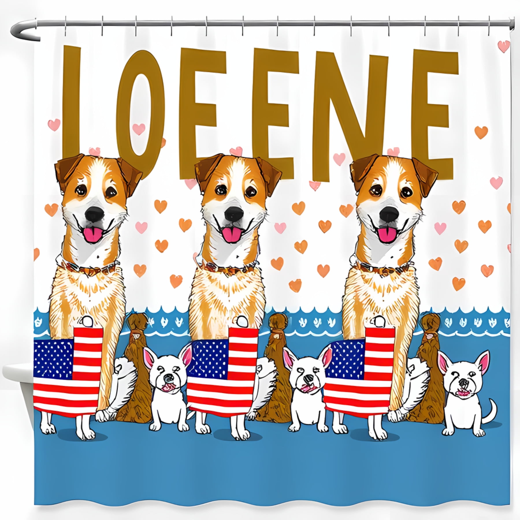 Cheerful Blue Shower Curtain with Pink Hearts & Cartoon Terriers ...