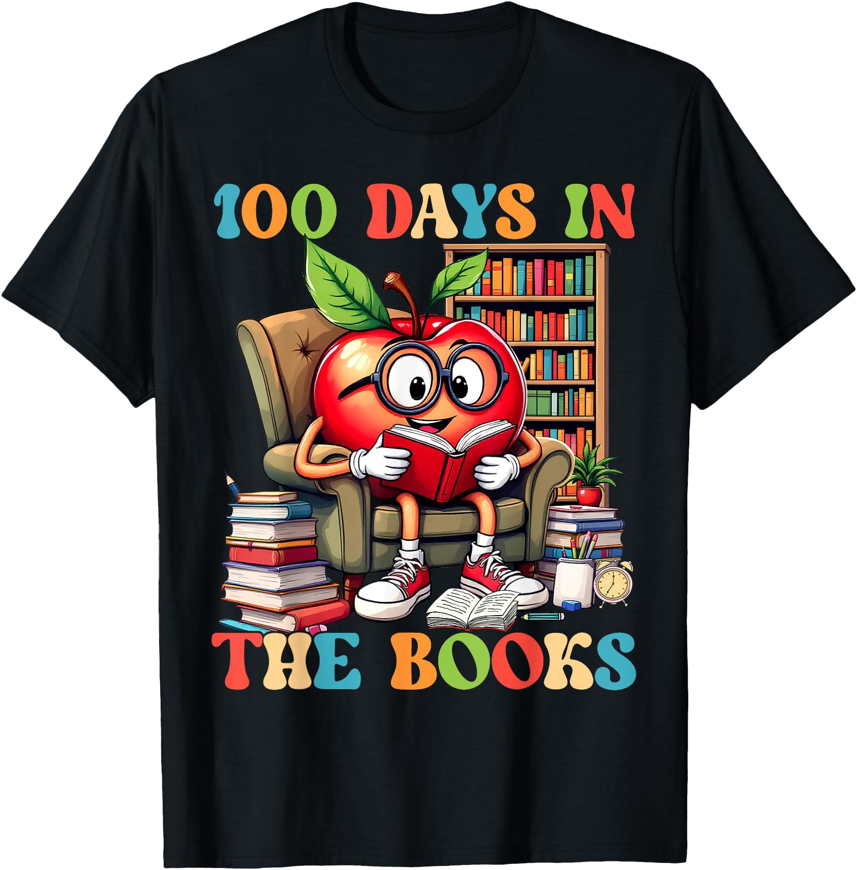 Cheerful Cartoon Apple Reading T-Shirt for 100th Day of School ...