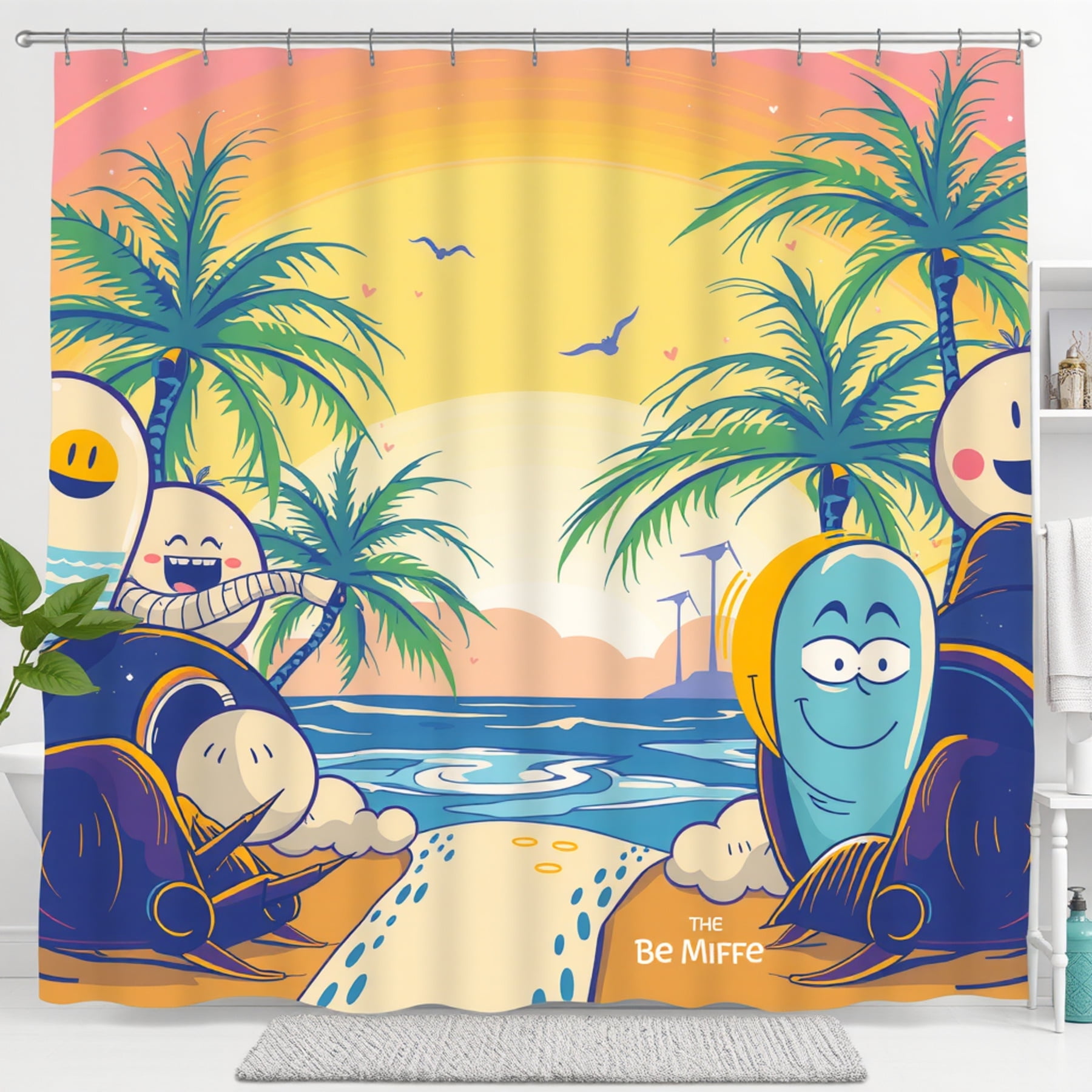 Cheerful Cartoon Beach Scene Shower Curtain - Bright Yellow Sky Smiling ...