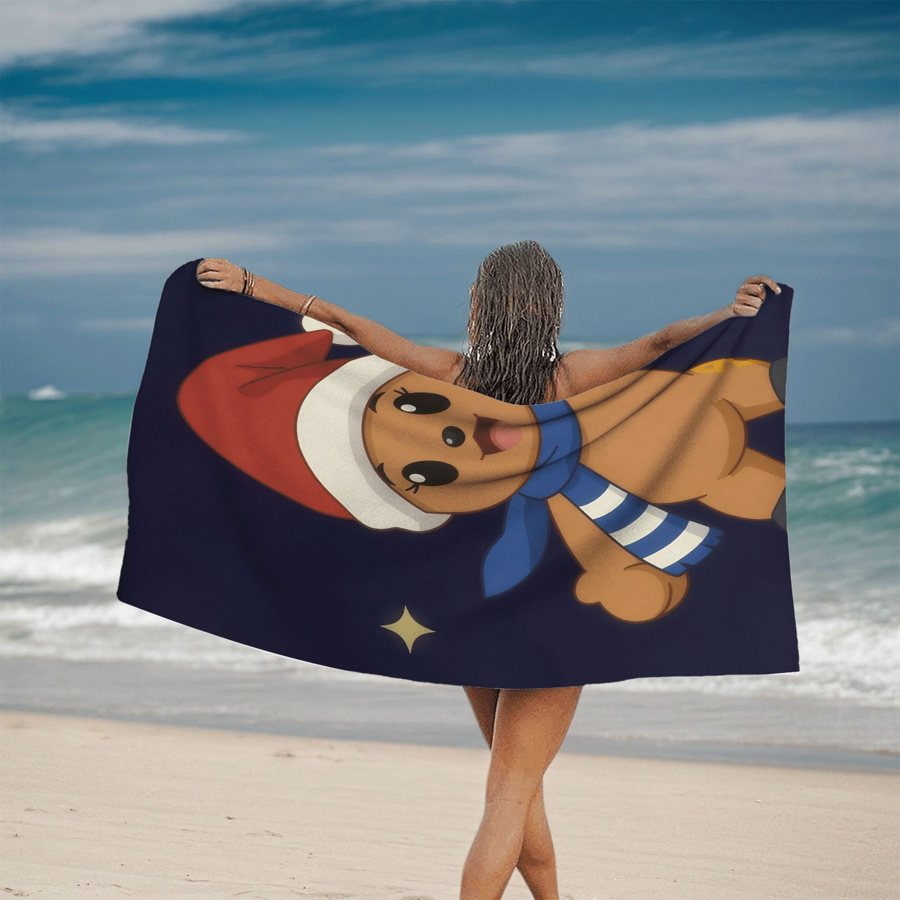 Cheerful Cartoon Bear Bath Towel - Festive Santa Hat & Blue - Striped ...
