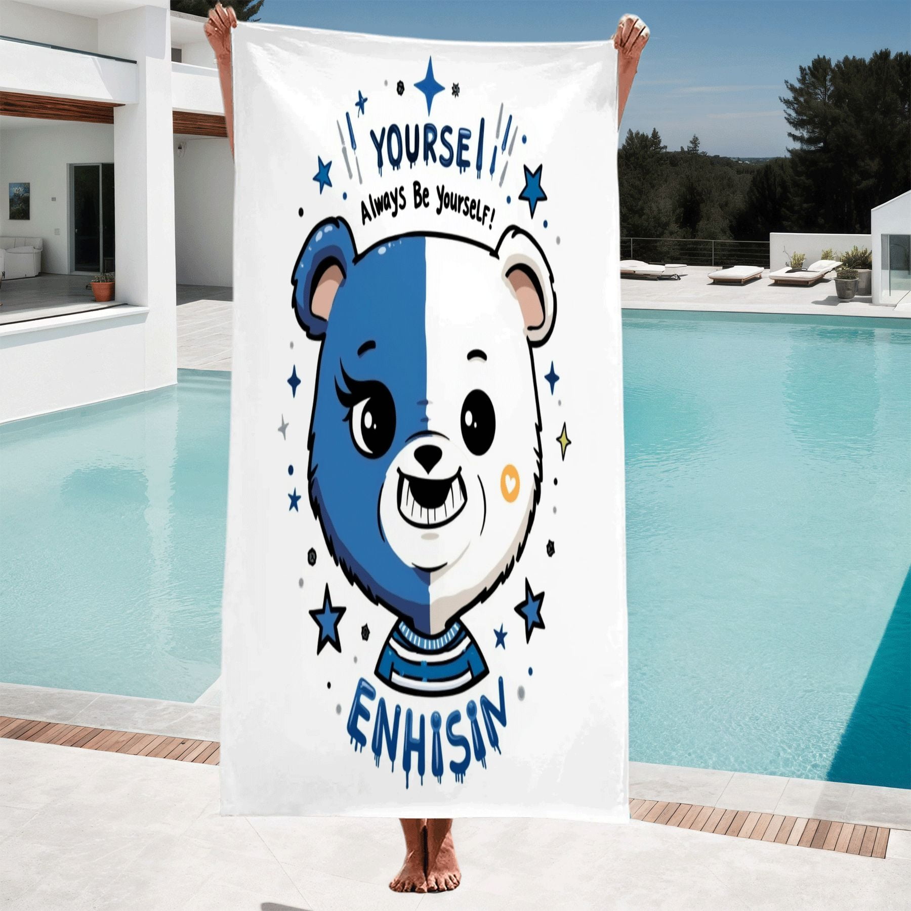 Cheerful Cartoon Bear Beach Towel - Blue & White Split Design with ...
