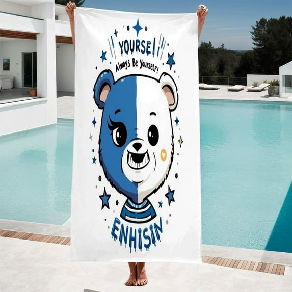 Cheerful Cartoon Bear Beach Towel - Blue & White Split Design with ...