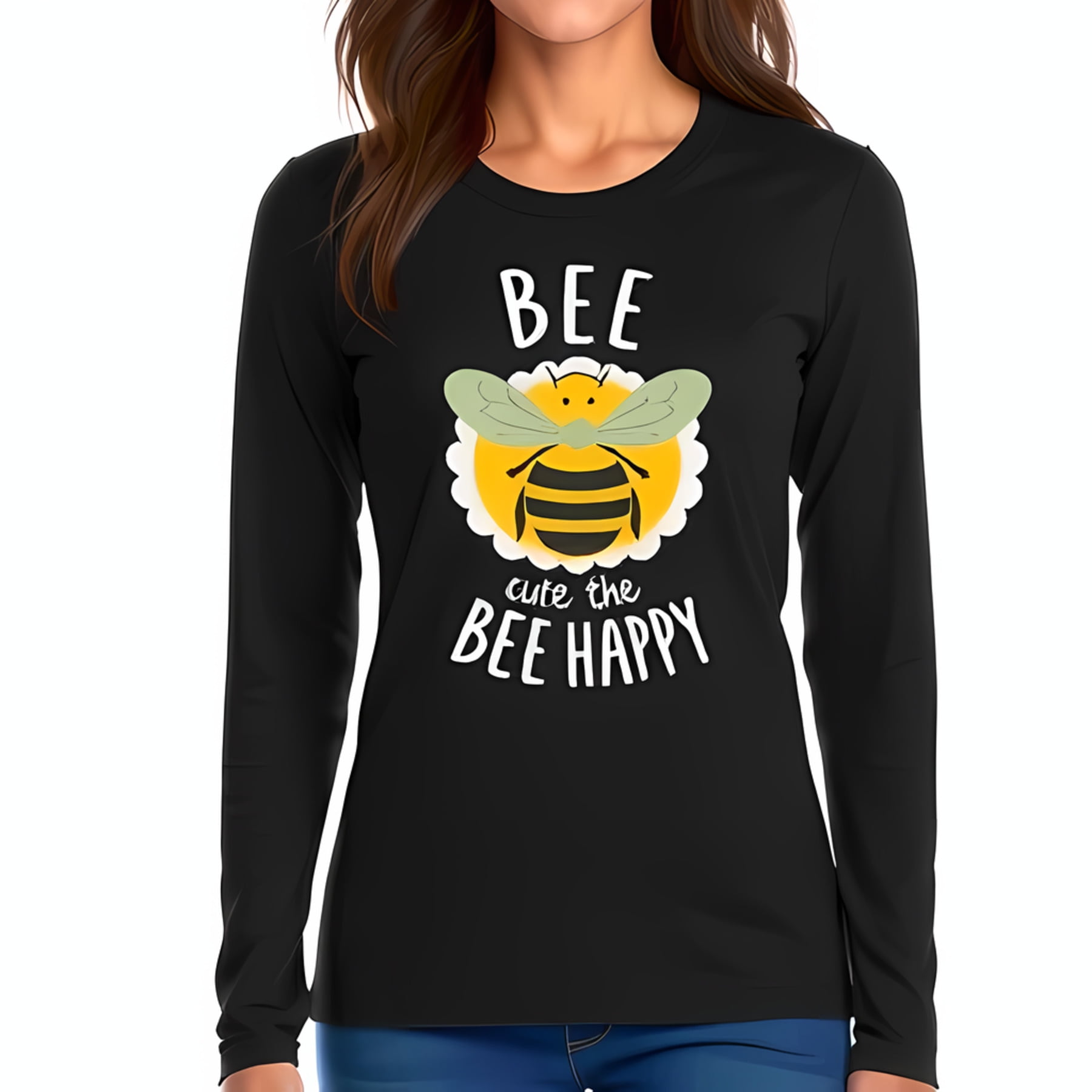 Cheerful Cartoon Bee Long Sleeve T-Shirt with Design - " BEE cute the ...