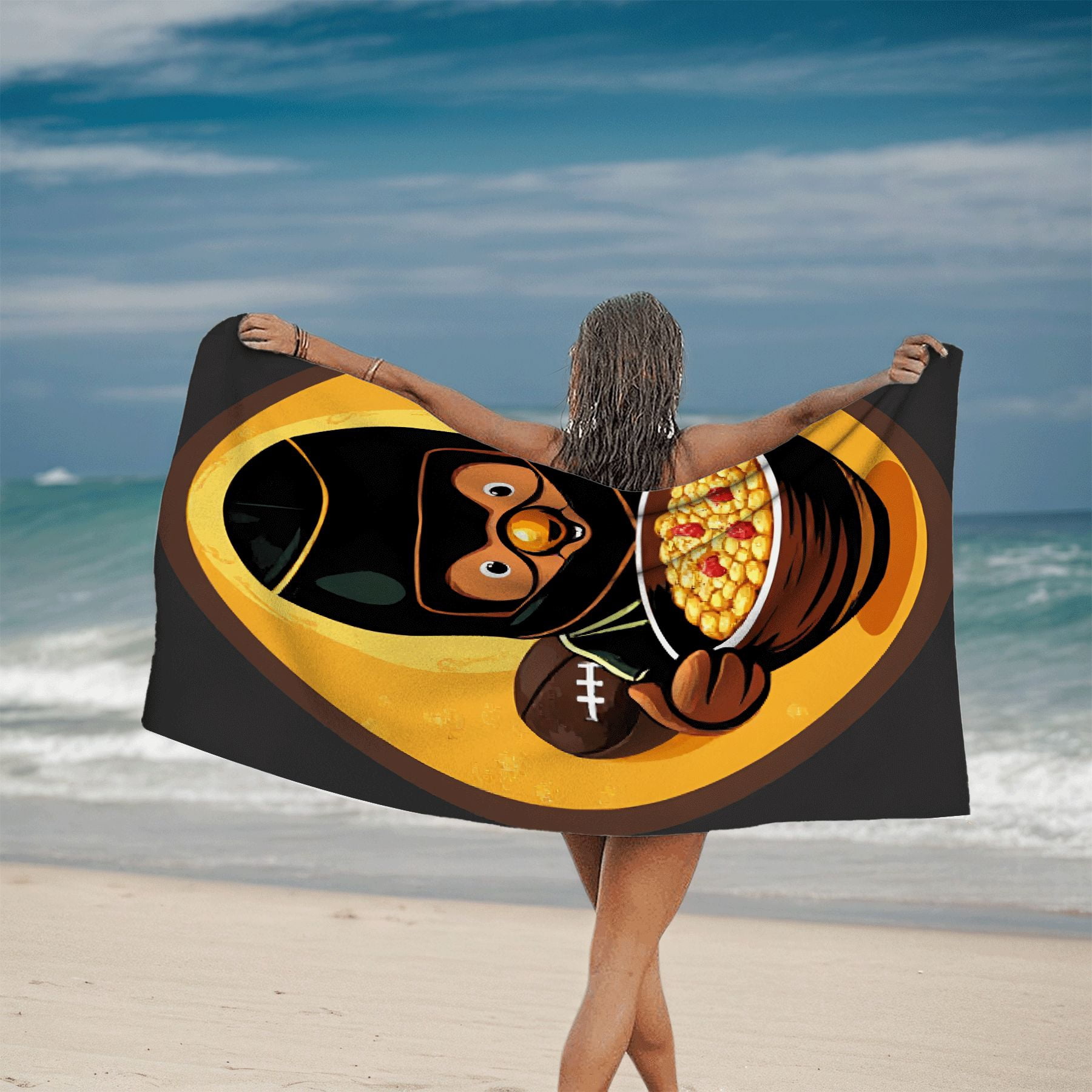 Cheerful Cartoon Bird Beach Towel - Fun Black Football Design Perfect ...