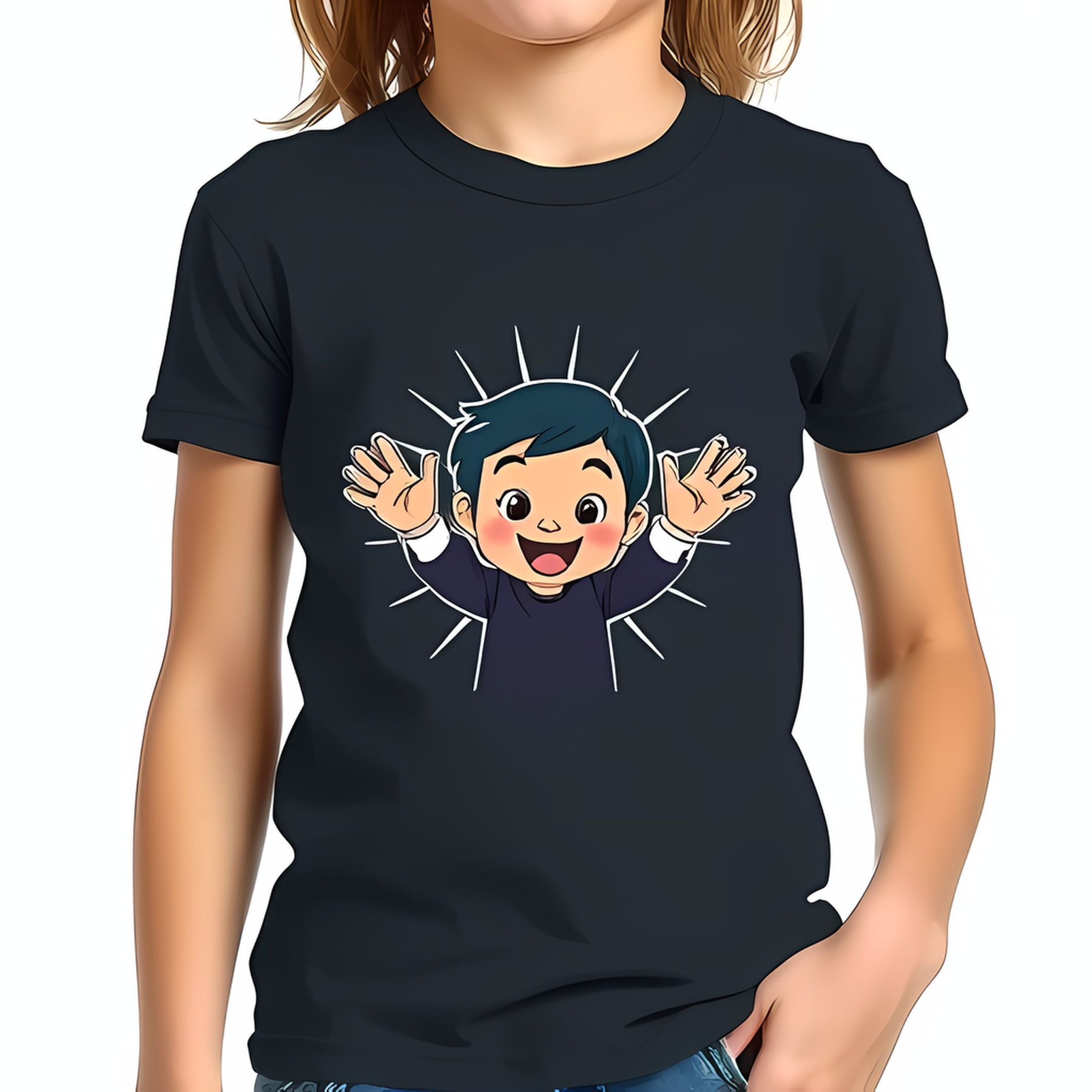 Cheerful Cartoon Boy Graphic T-Shirt Soft Navy Blue Crew Neck Tee Playful Design - Walmart.com