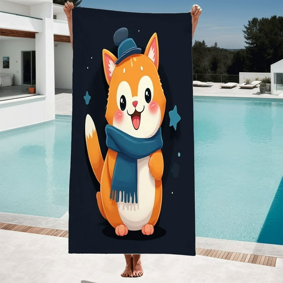Cheerful Cartoon Cat Beach Towel - Blue Hat & Scarf Design Perfect for ...
