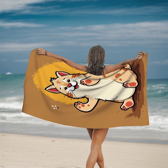 Cheerful Cartoon Cat Beach Towel - Light Brown & White Spotted Design ...