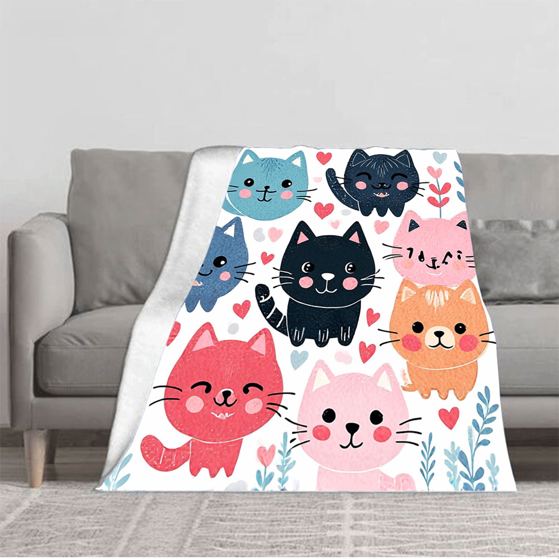 Cheerful Cartoon Cat Flannel Blanket - Soft Warm Cozy Design with ...