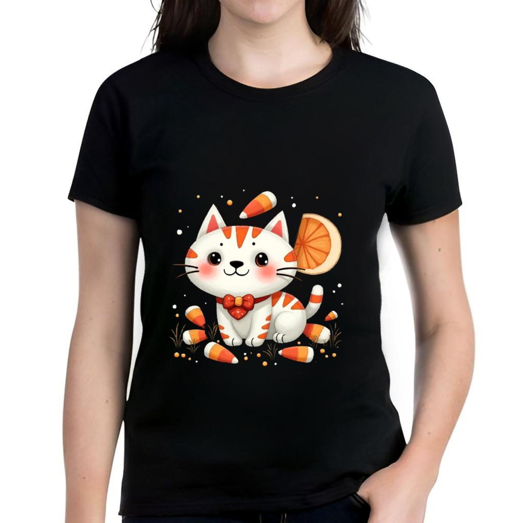 Cheerful Cartoon Cat T-Shirt with Orange and White Red Bow Tie & Candy ...