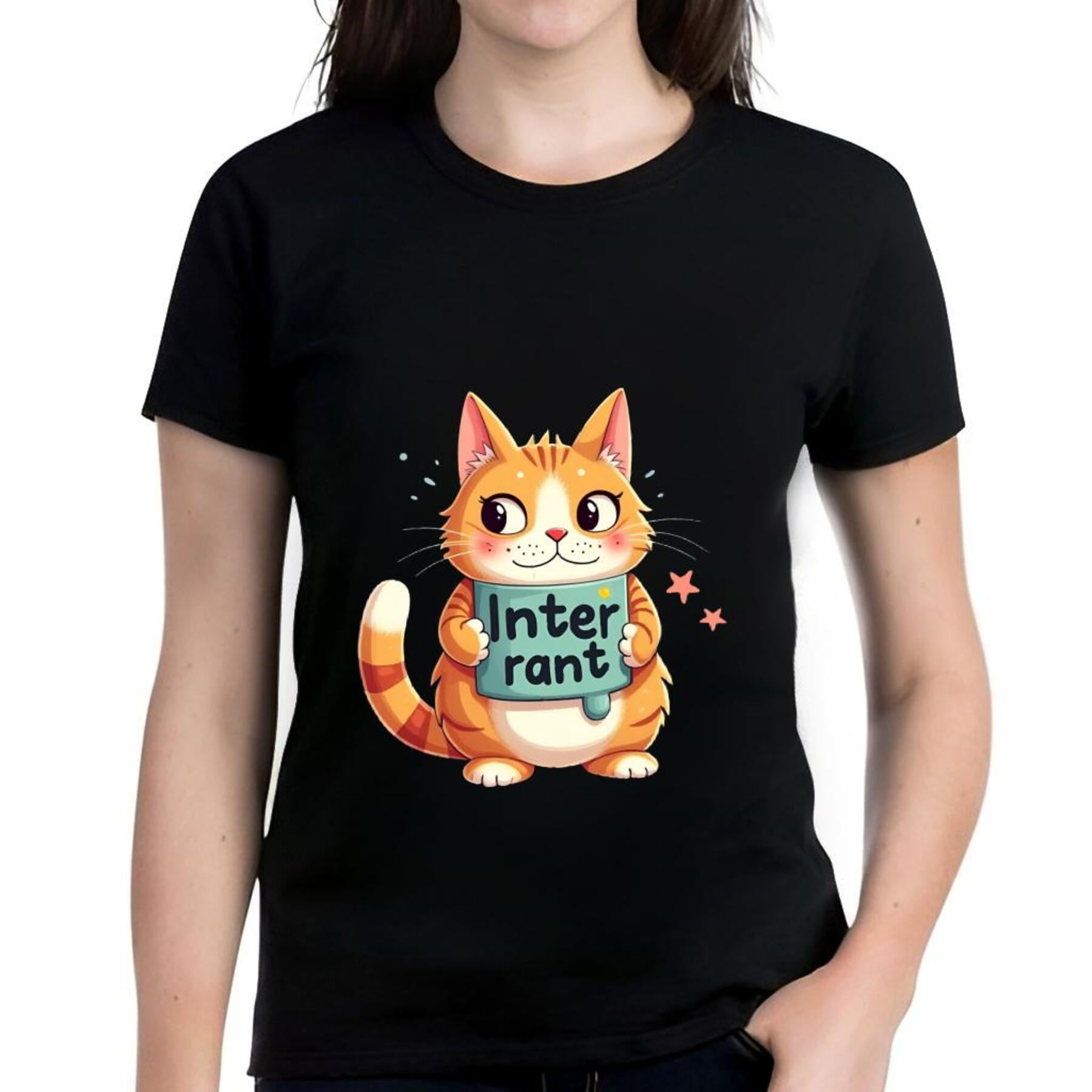 Cheerful Cartoon Cat T-Shirt with Striped Tail & Blue Mug - Fun Graphic ...
