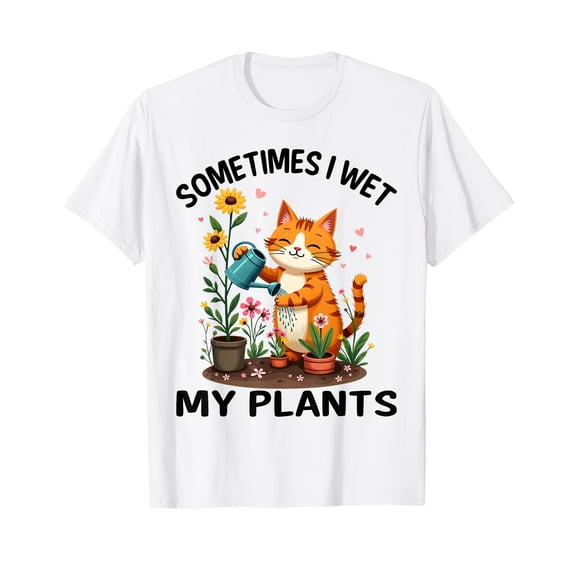 Cheerful Cartoon Cat Watering Plants T-Shirt for Fun Gardening ...