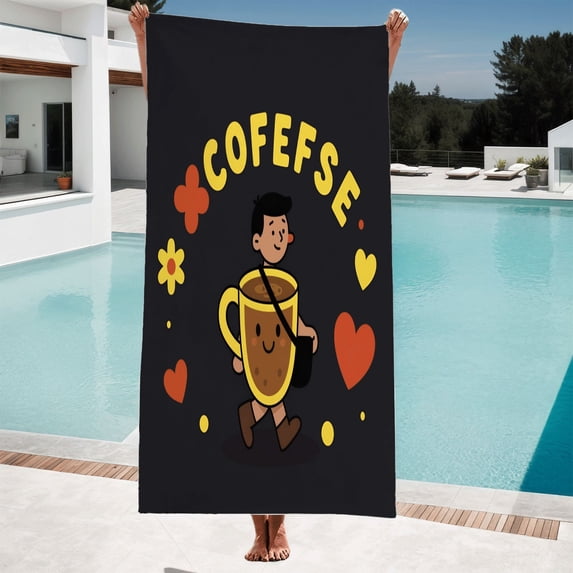 Cheerful Cartoon Character Beach Towel - Fun Coffee Cup Design with ...