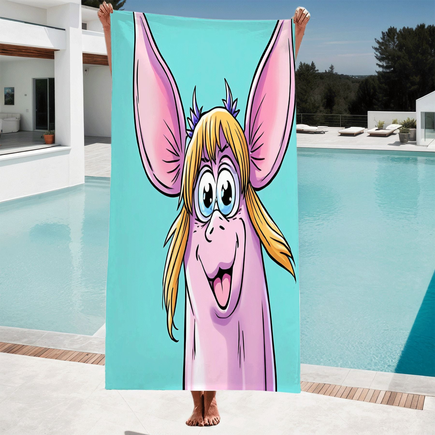 Cheerful Cartoon Character Beach Towel - Large Pink Ears & Blonde Hair ...