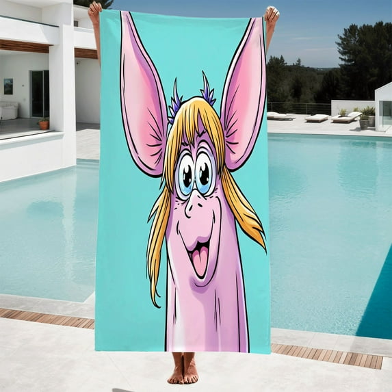 Cheerful Cartoon Character Beach Towel - Large Pink Ears & Blonde Hair ...