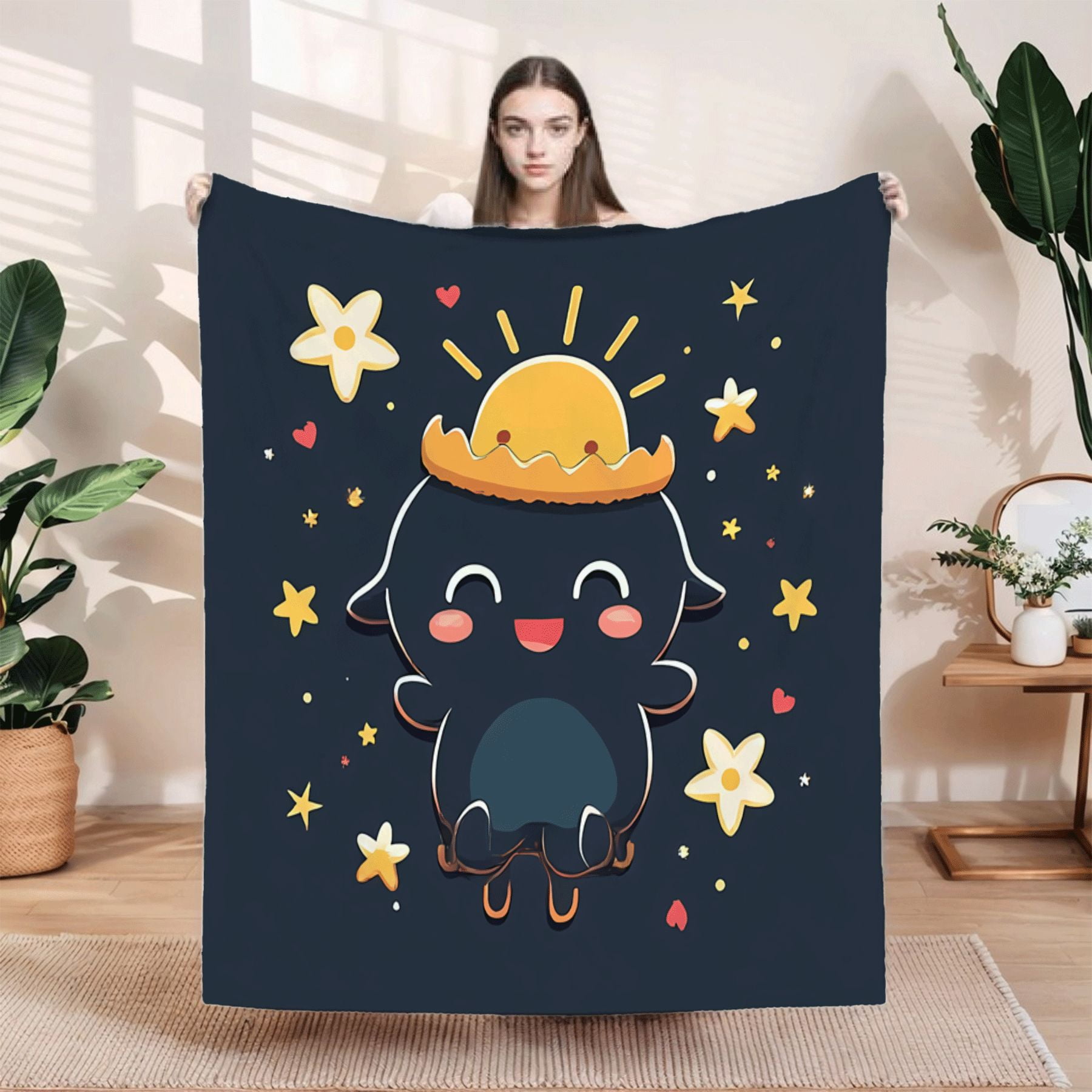 Cheerful Cartoon Character Flannel Blanket - Soft Warm Cozy Design with ...