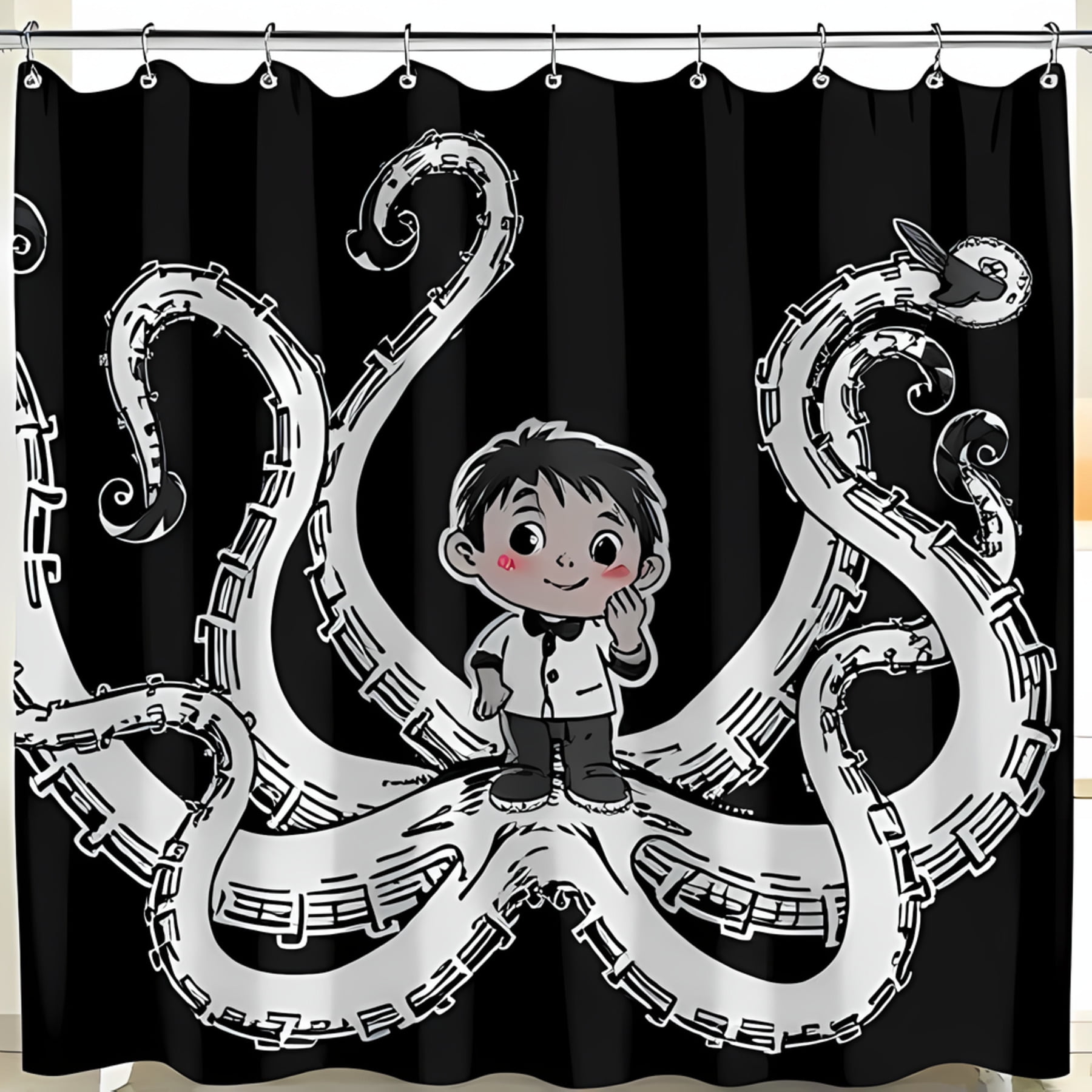 Cheerful Cartoon Character Shower Curtain with Musical Note - Covered ...