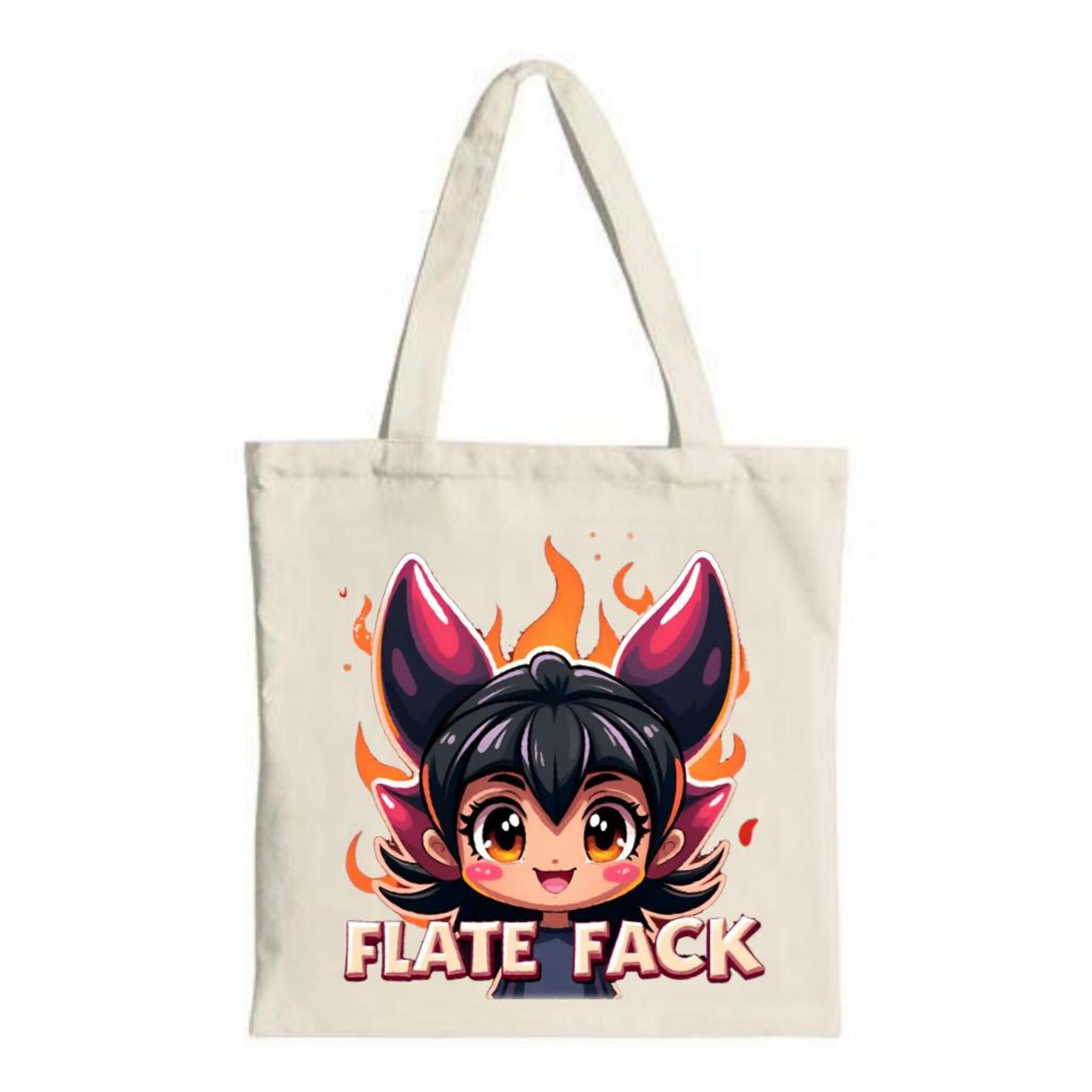 Cheerful Cartoon Character Tote Bag with Pink Ears & Flame Background ...