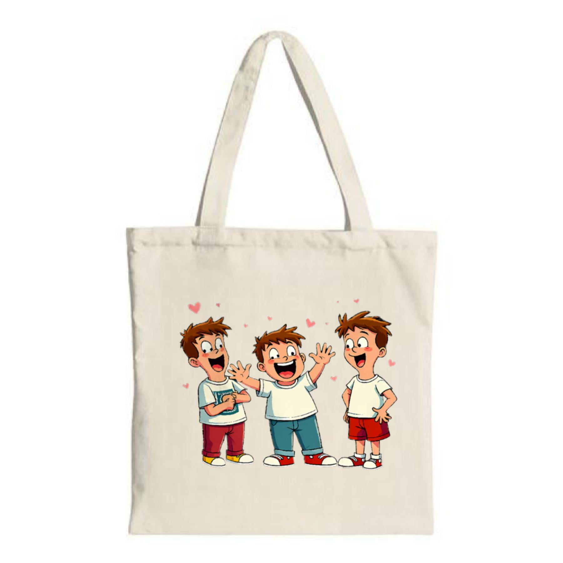 Cheerful Cartoon Characters Tote Bag - Fun Design with Book & Waving ...