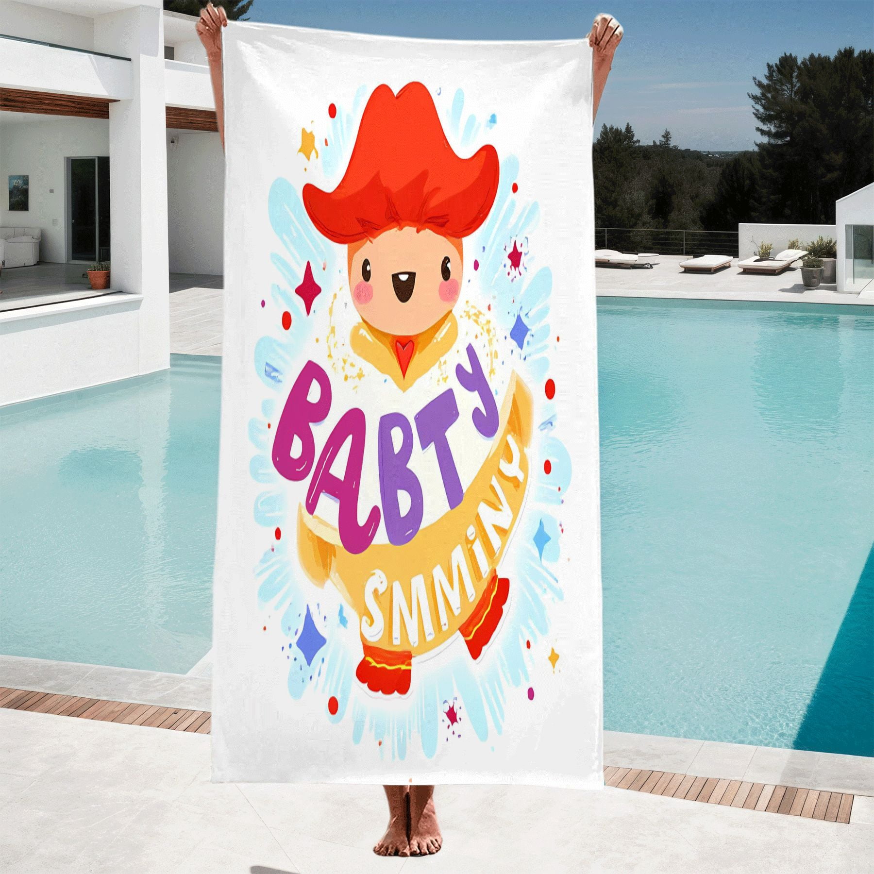 Cheerful Cartoon Cow Character Beach Towel - Colorful Stars & Sparkles ...
