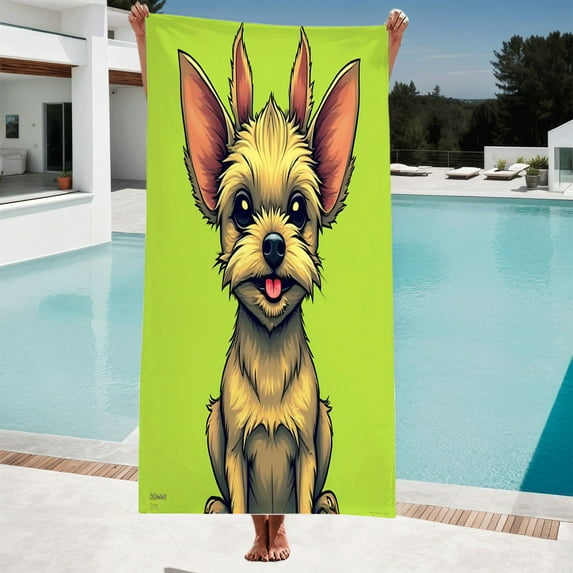 Cheerful Cartoon Dog Beach Towel - Fluffy Light Brown Pup with Playful ...