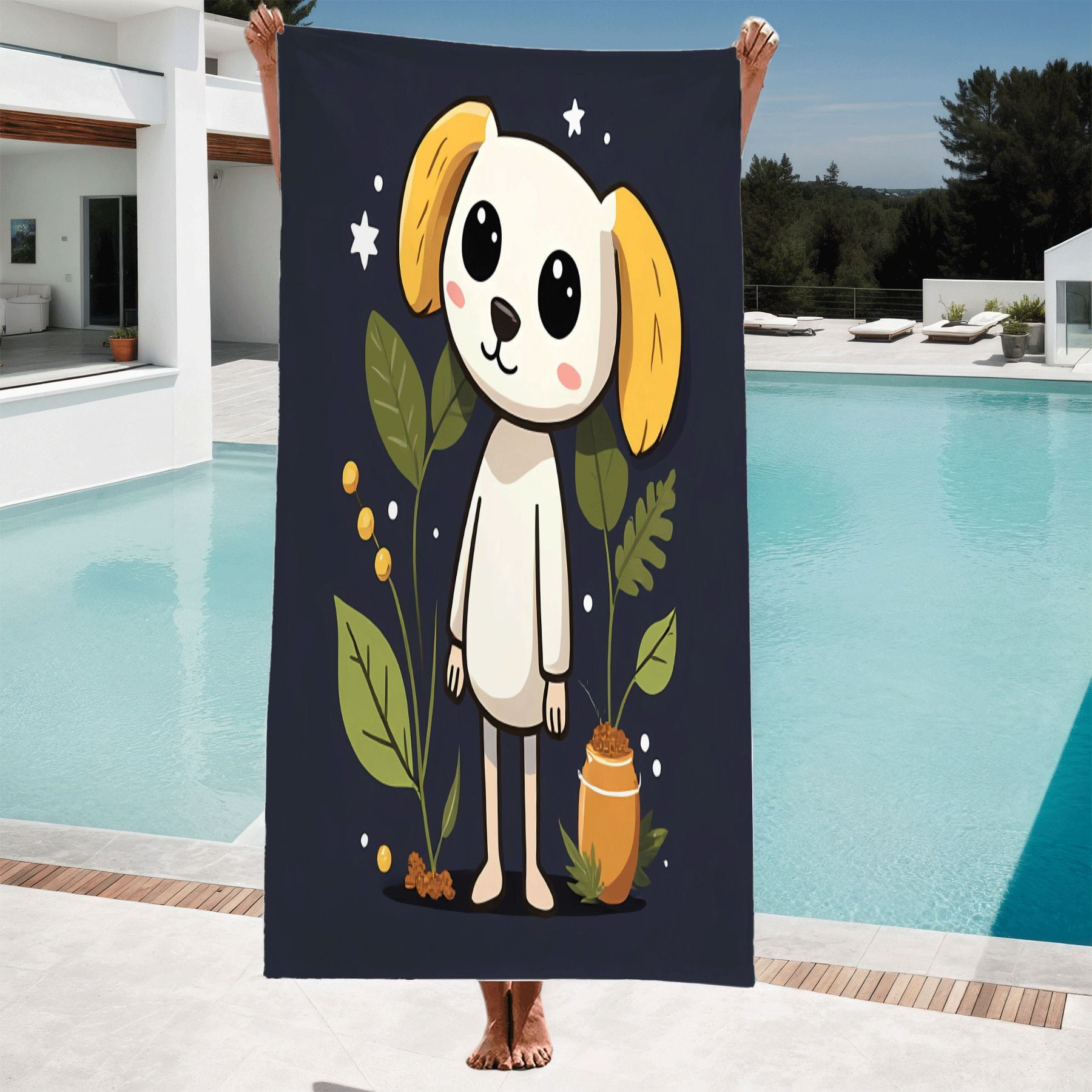 Cheerful Cartoon Dog Beach Towel - Large Expressive Eyes Yellow Ears ...