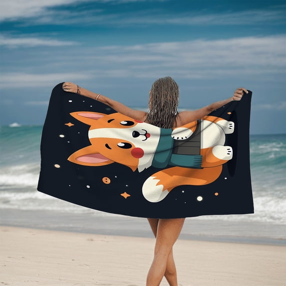 Cheerful Cartoon Dog Beach Towel - Teal Scarf Starry Night Design ...